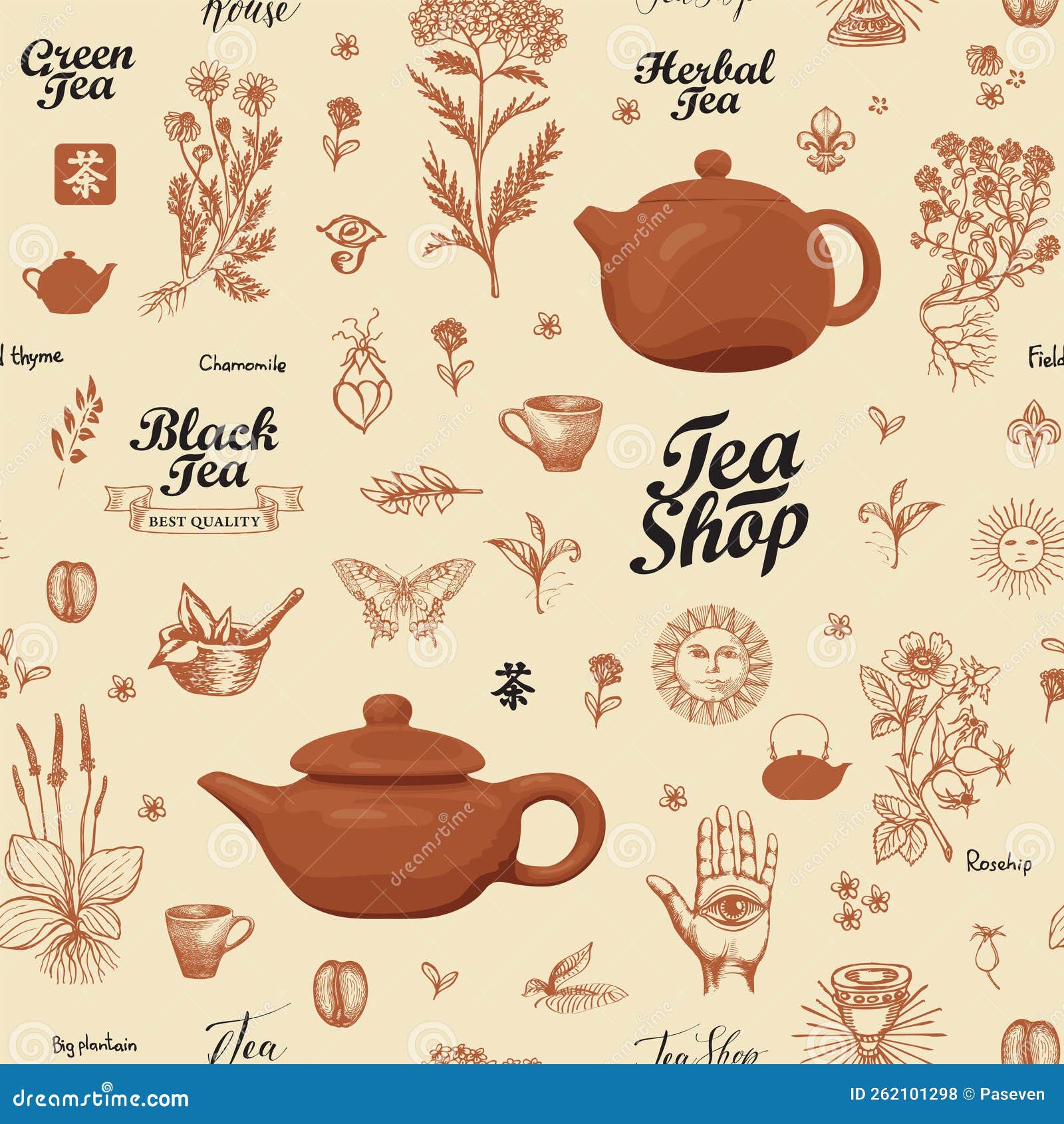 Hand-drawn Seamless Pattern on a Tea Theme Stock Vector - Illustration ...