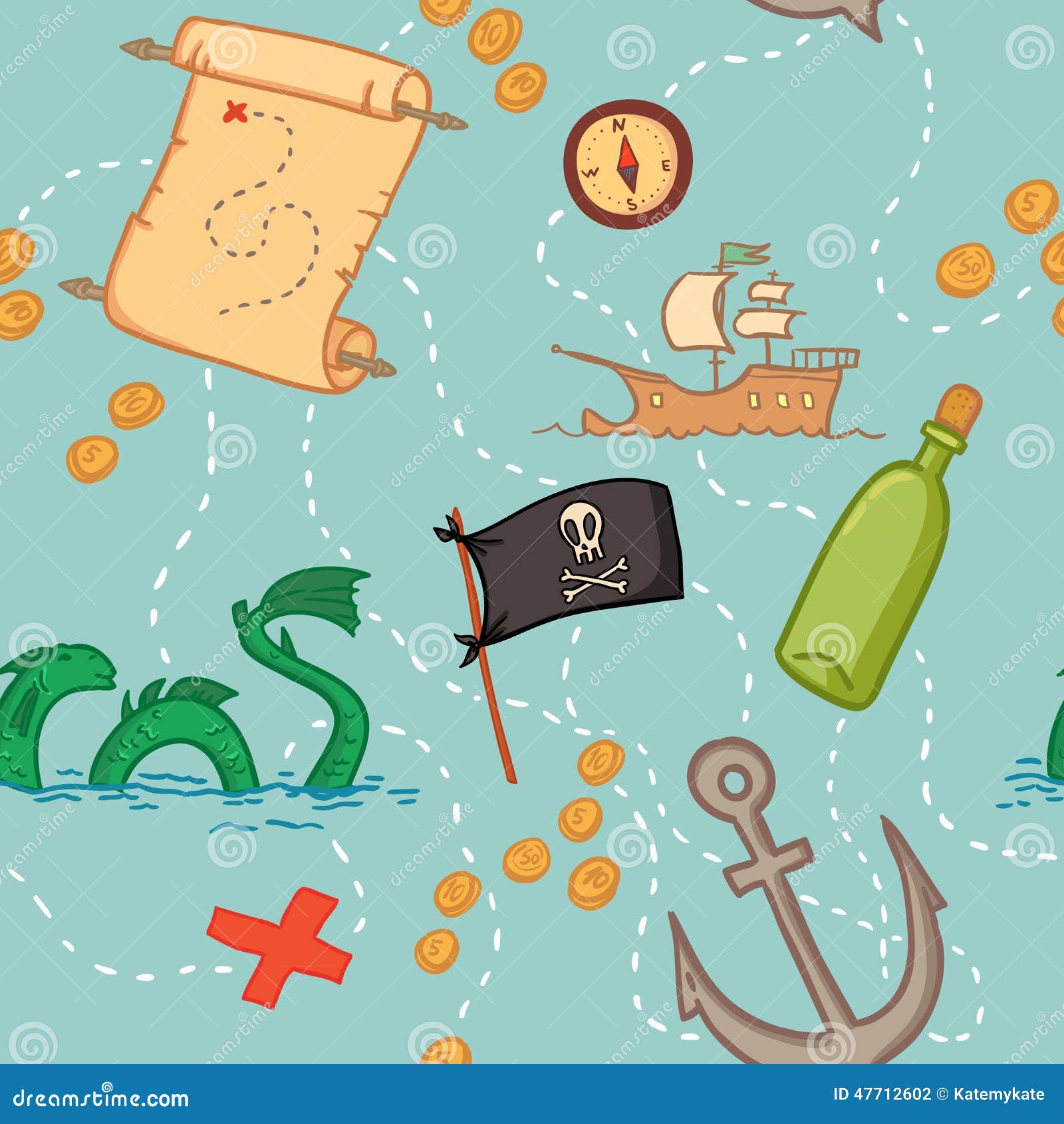 Pattern With A Treasure Map, Telescope And Fish. Marine Drawing With ...