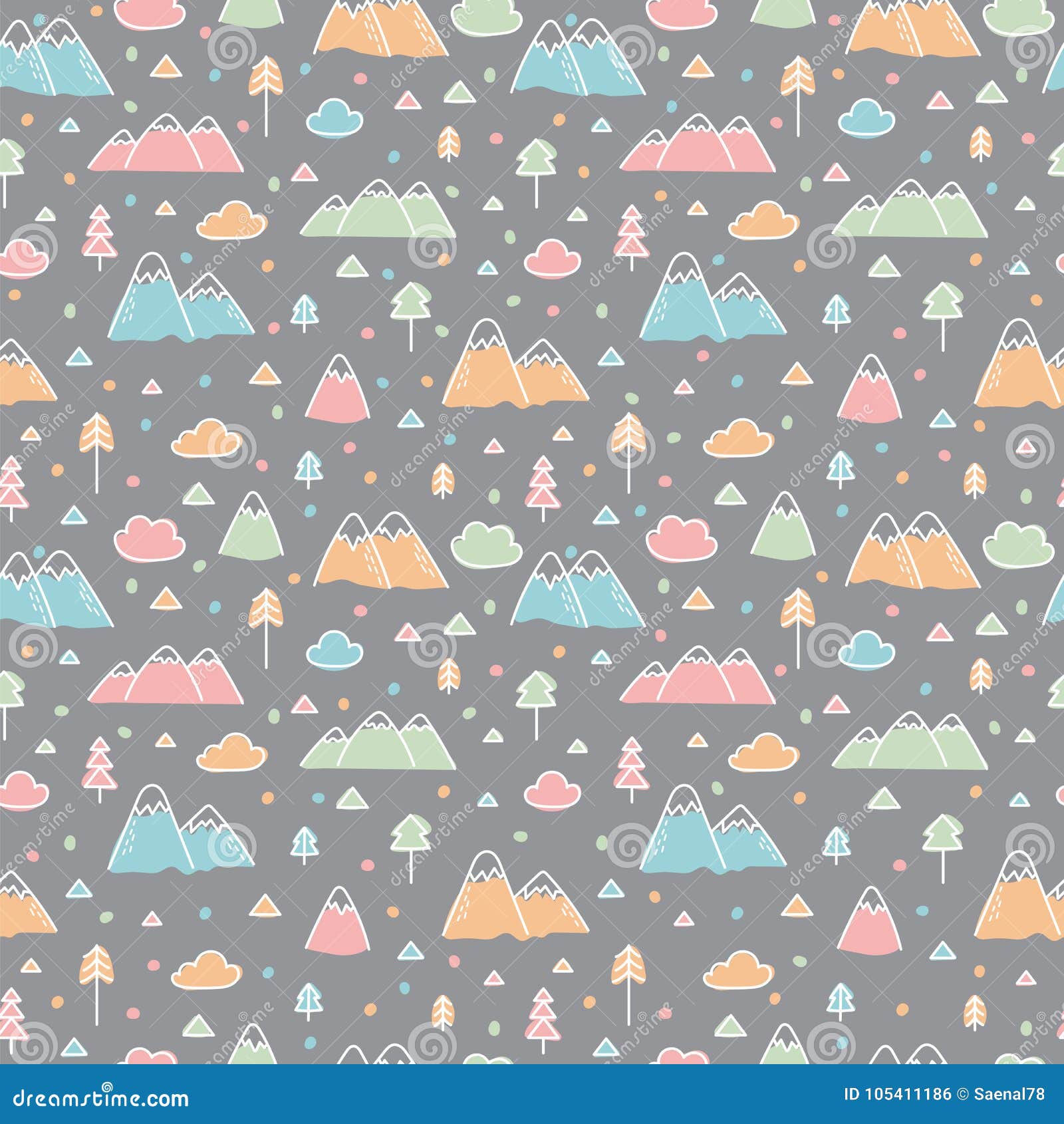 Hand Drawn Seamless Pattern with Trees and Mountains. Forest Stock ...