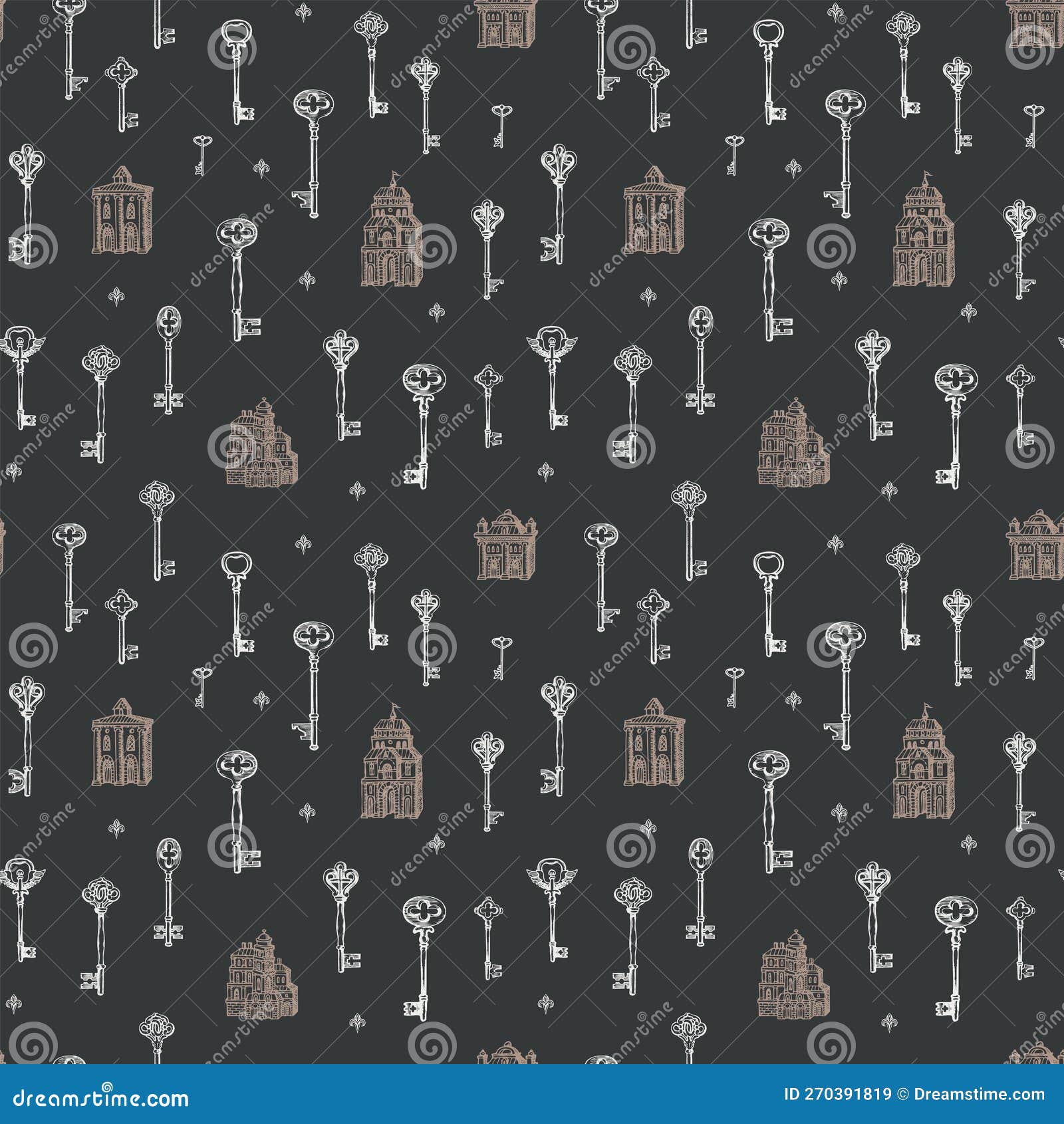 Seamless Pattern with Vintage Keys and Old Buildings Stock Vector ...