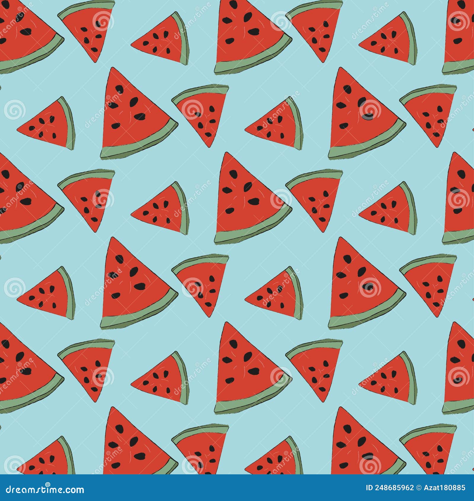 Hand-drawn Seamless Pattern of Watermelon Slices on Blue Background ...
