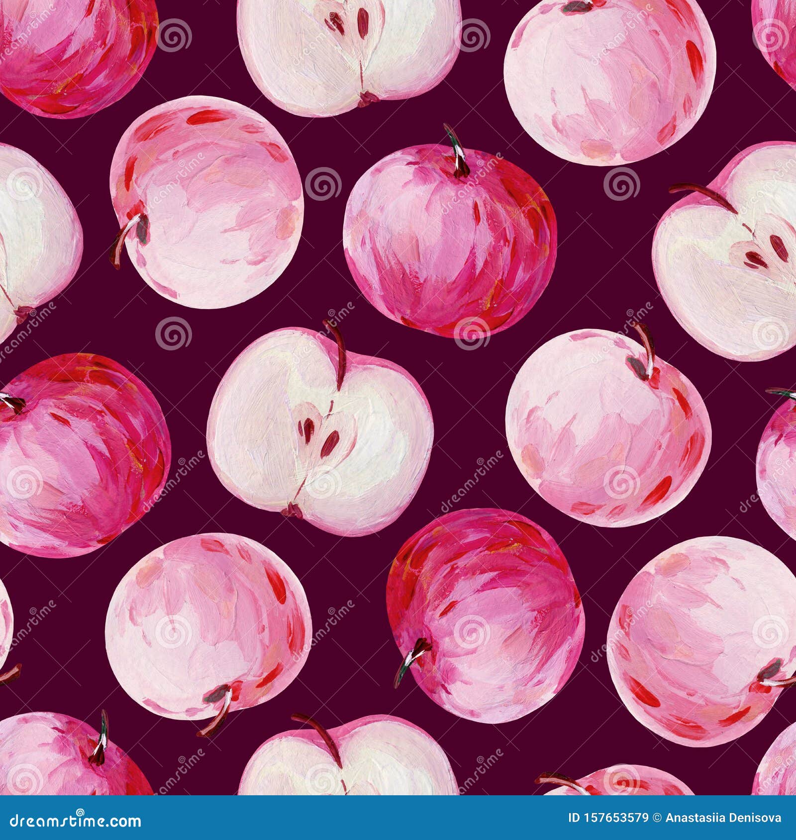 Hand Drawn Seamless Pattern With Whole Red Striped Apples And Cross