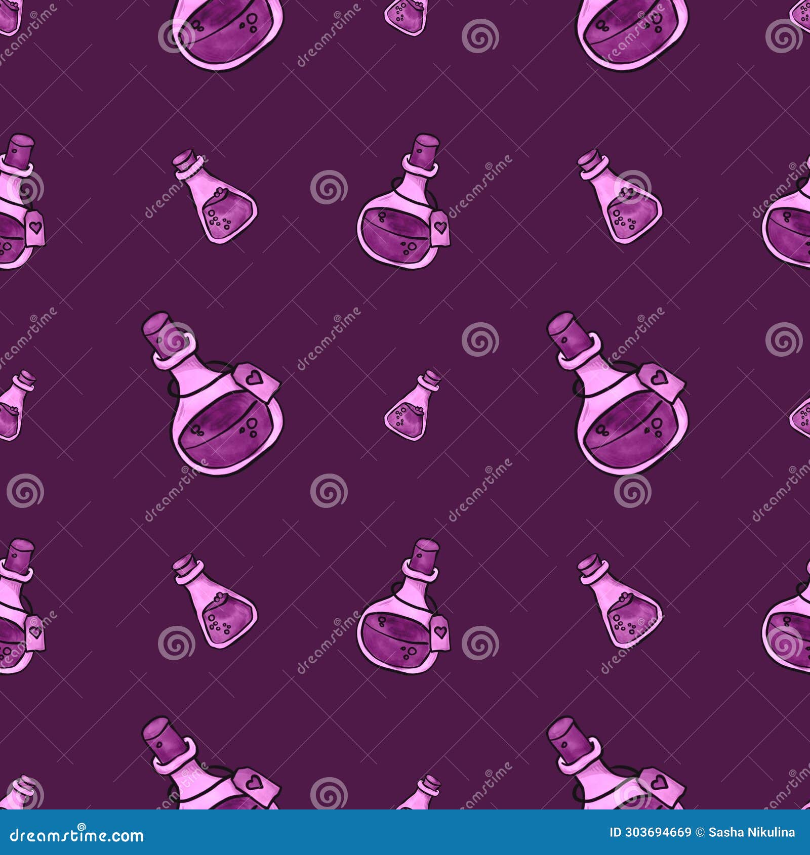 Hand Drawn Seamless Pattern with Witch Potions on Purple Background ...