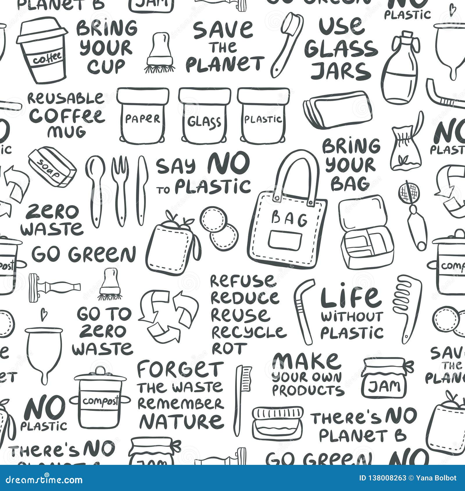 Hand Drawn Seamless Pattern of Zero Waste Stock Vector - Illustration ...