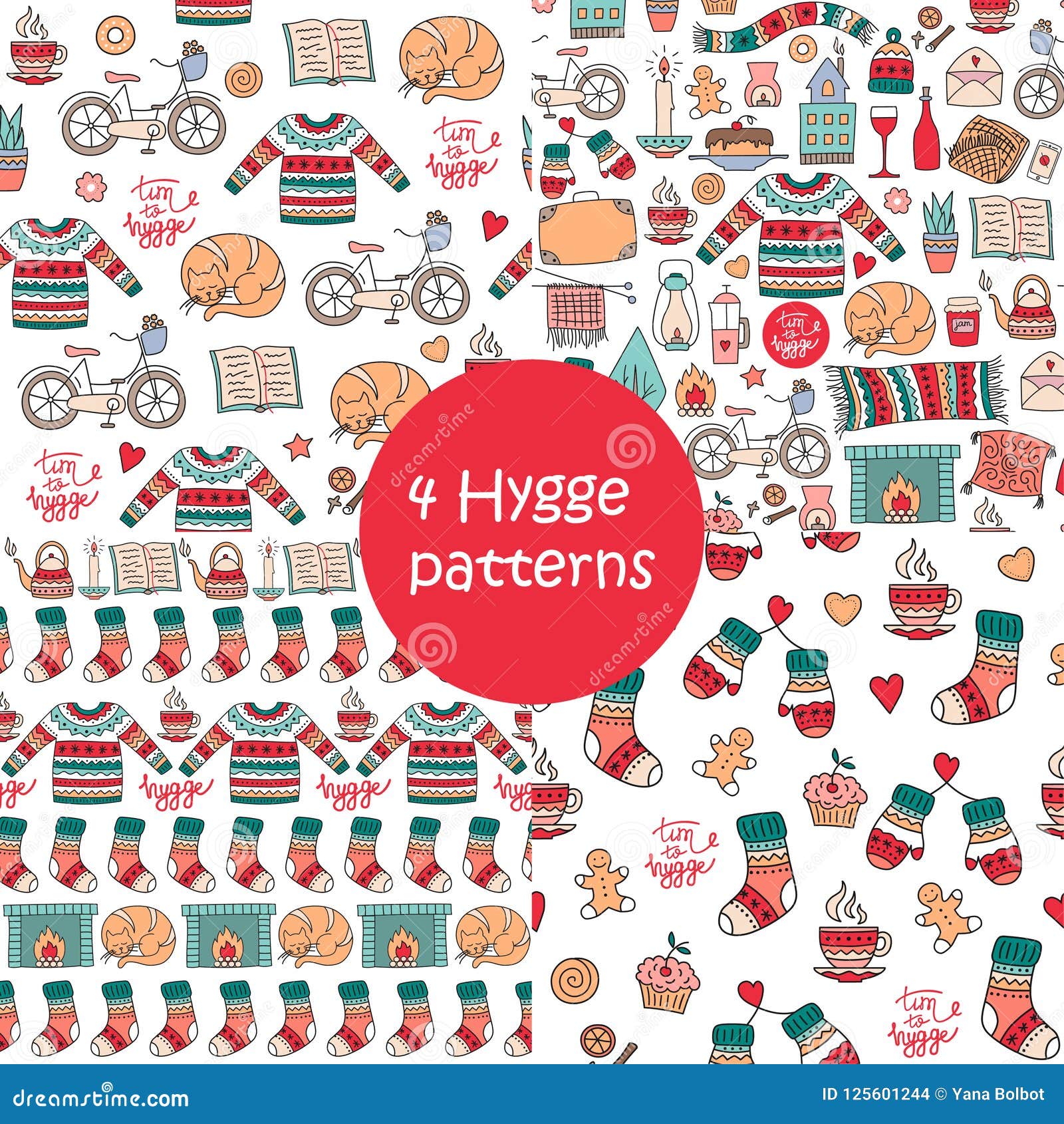 Hand Drawn Seamless Patterns with Hygge Elements Stock Vector ...