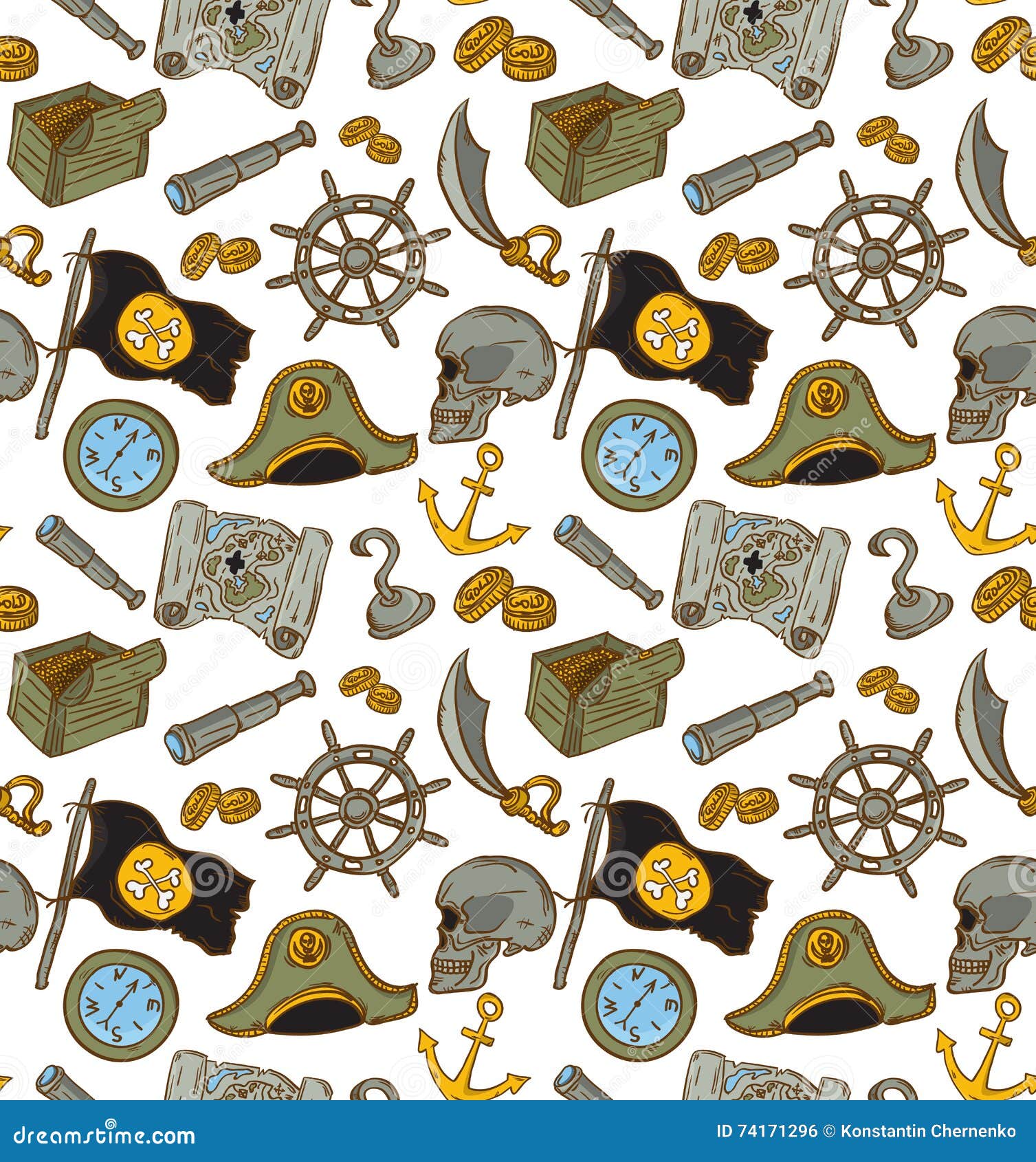 Hand Drawn Seamless Pirate Pattern. Stock Vector - Illustration of icon ...