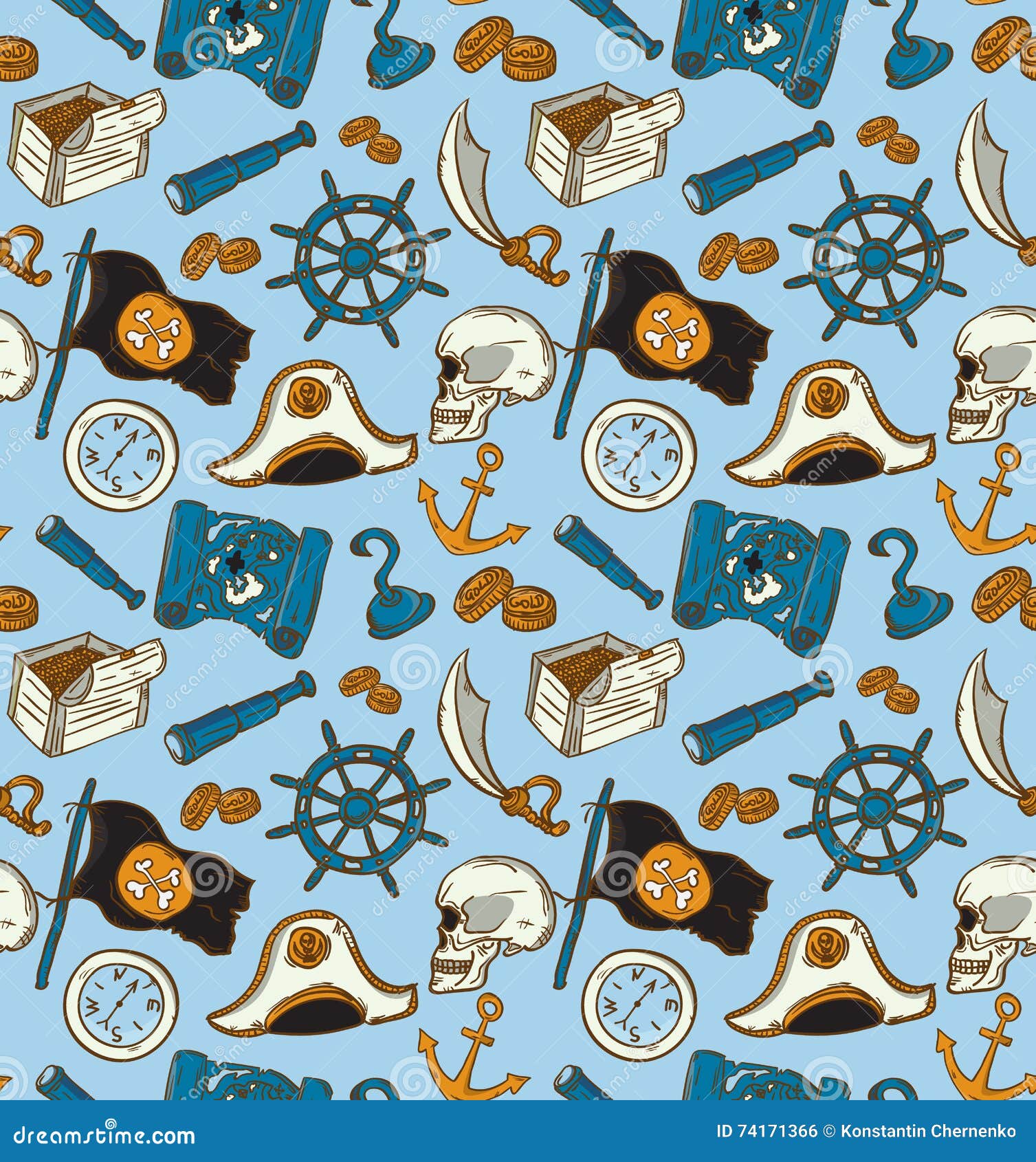 Hand Drawn Seamless Pirate Pattern. Stock Vector - Illustration of flag ...