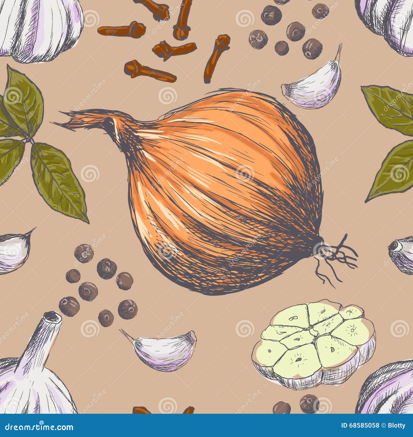 Hand Drawn Seamless Set of Organic Spices Stock Vector - Illustration ...