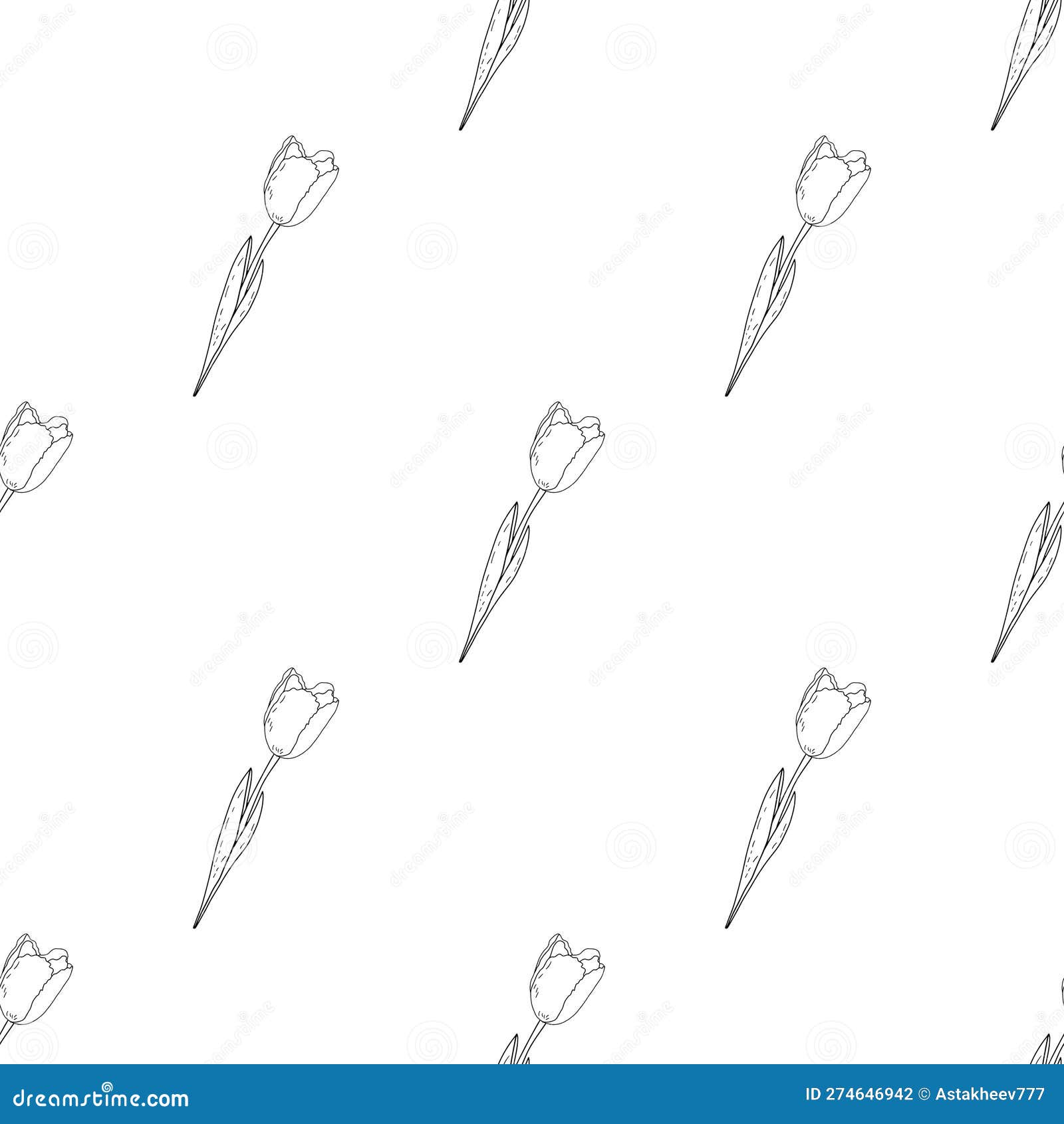 Hand Drawn Seamless Vector Pattern of Blomming Outline Tulips Doodle Style, Ink Scetch Stock ...