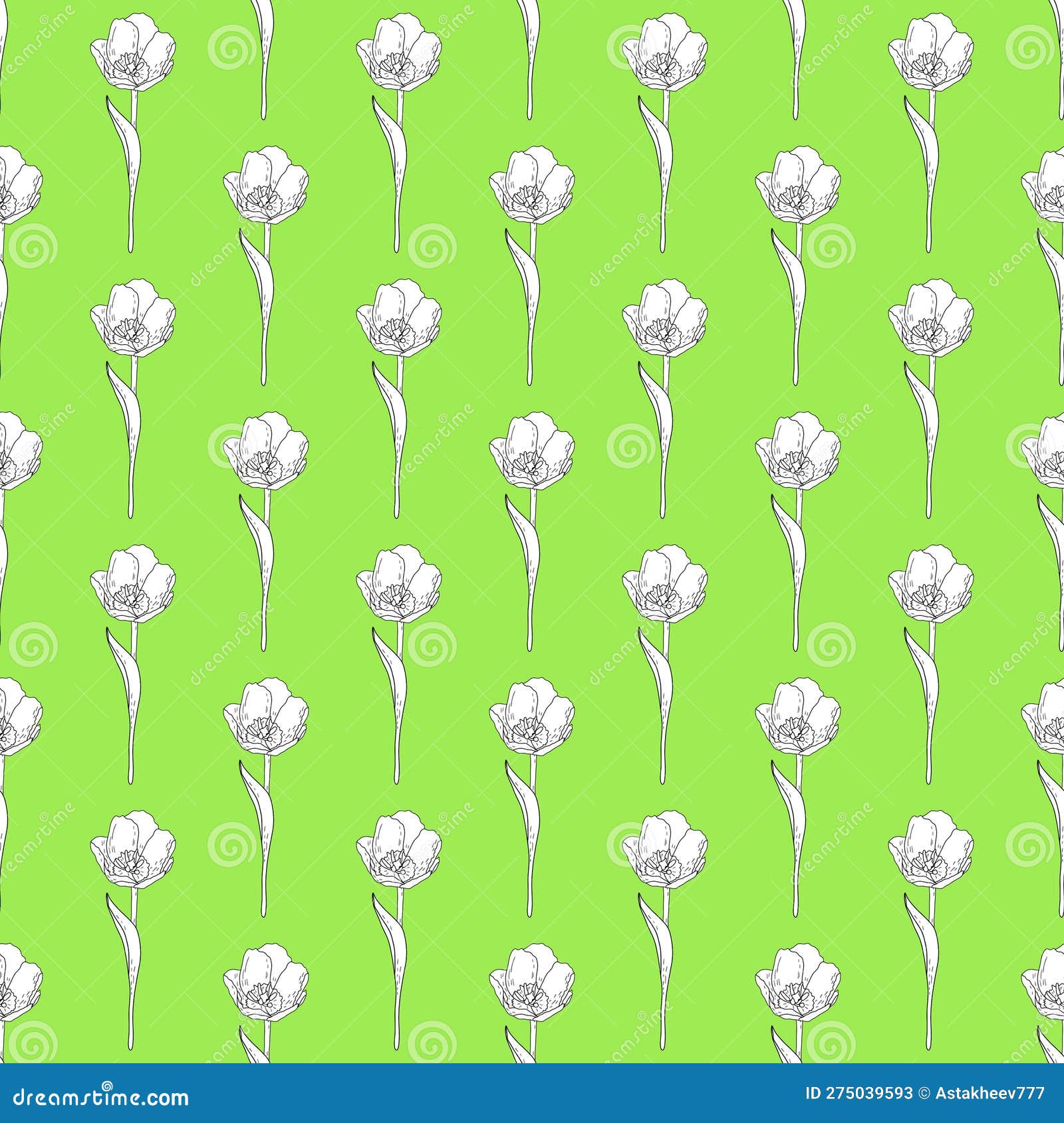 Hand Drawn Seamless Vector Pattern of Blomming Outline Tulips Doodle Style, Ink Scetch Stock ...
