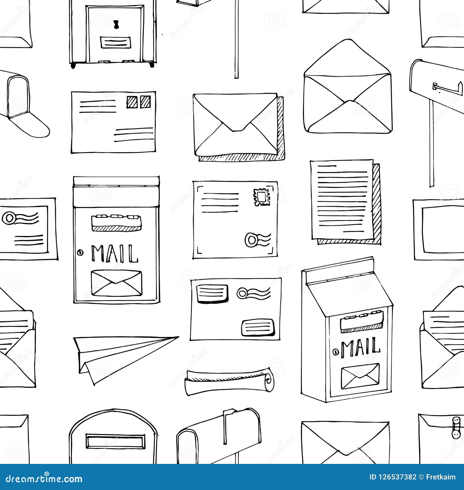 Hand Drawn Seamless Vector Pattern. Mail, Post, Letter, Envelope, Paper ...