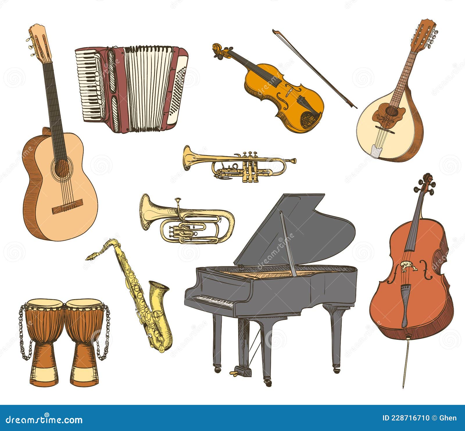 Hand Drawn Set of Acoustic Musical Instruments. Stock Vector ...