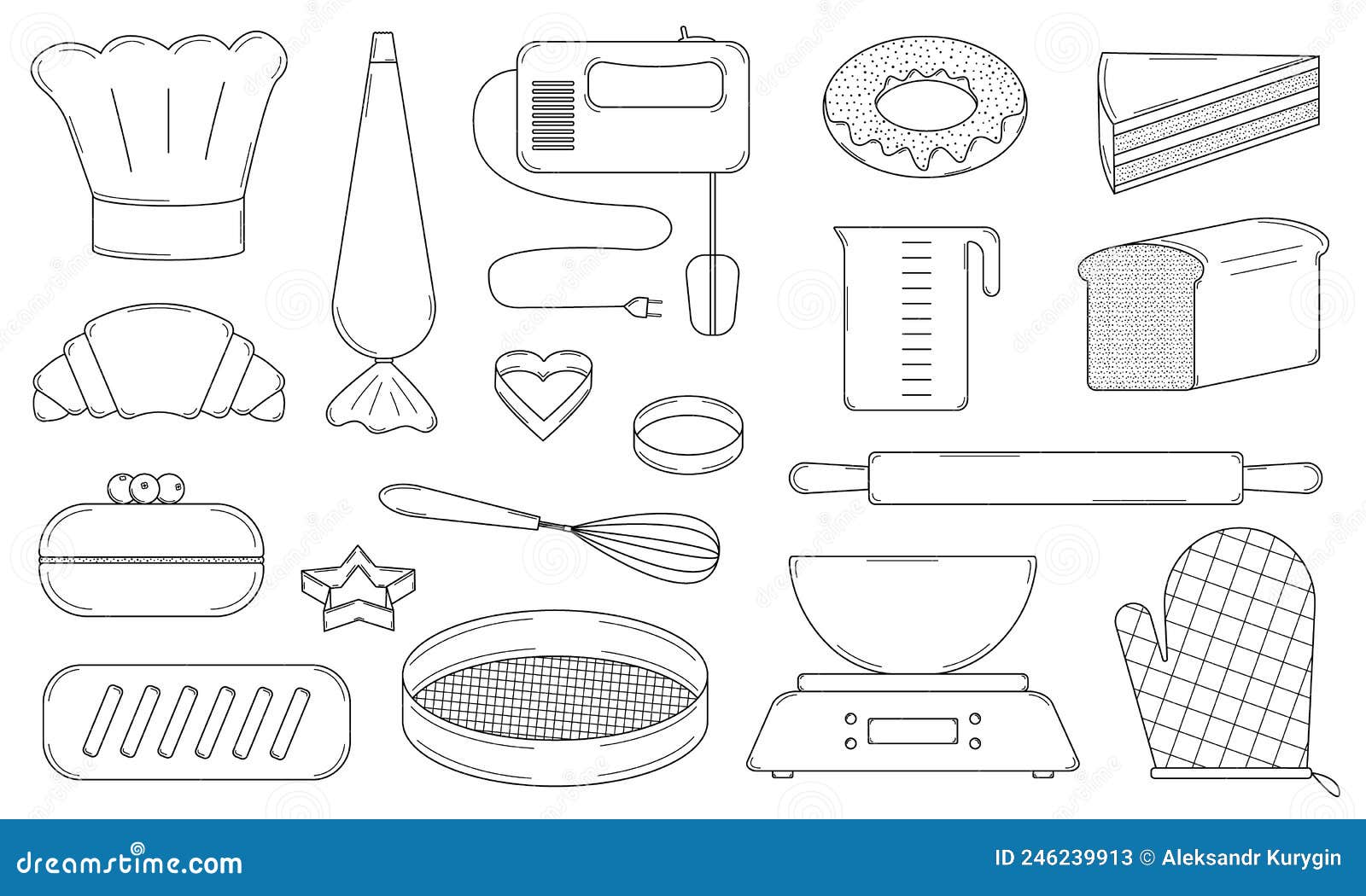 Hand Drawn Set of Baking Elements and Tools for Making Culinary ...