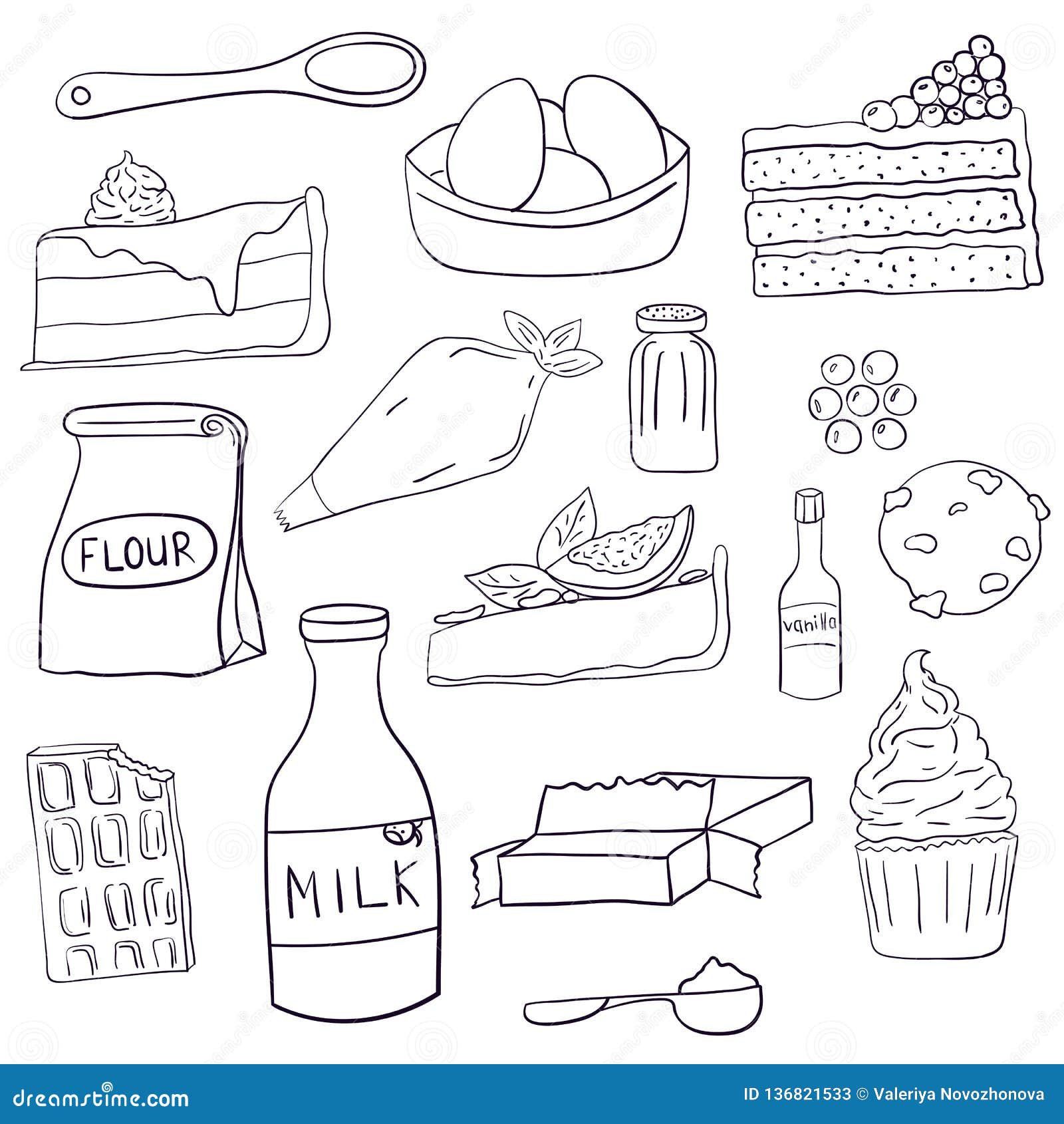 Hand Drawn Set of Baking Ingredients and Desserts. Cake, Chocolate and ...