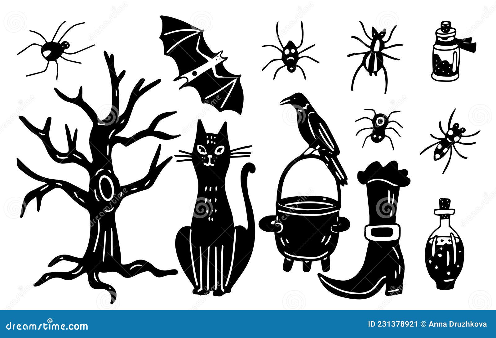 Hand Drawn Set With A Black Cat, Scary Tree, Crow On A Witch Cauldron ...