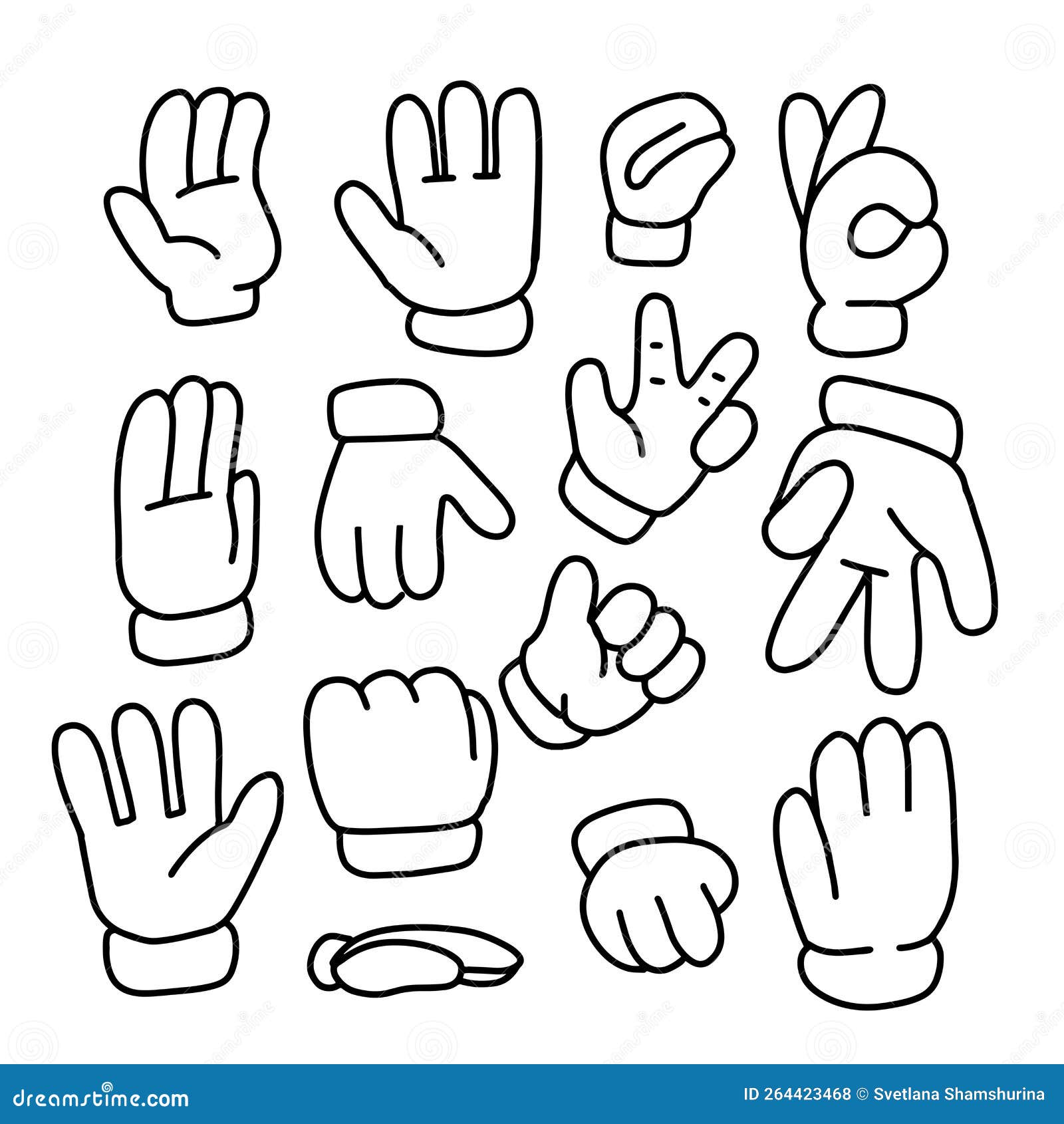 Hand Drawn Set of Cartoon Hands in Different Gestures. Linear Hands in ...
