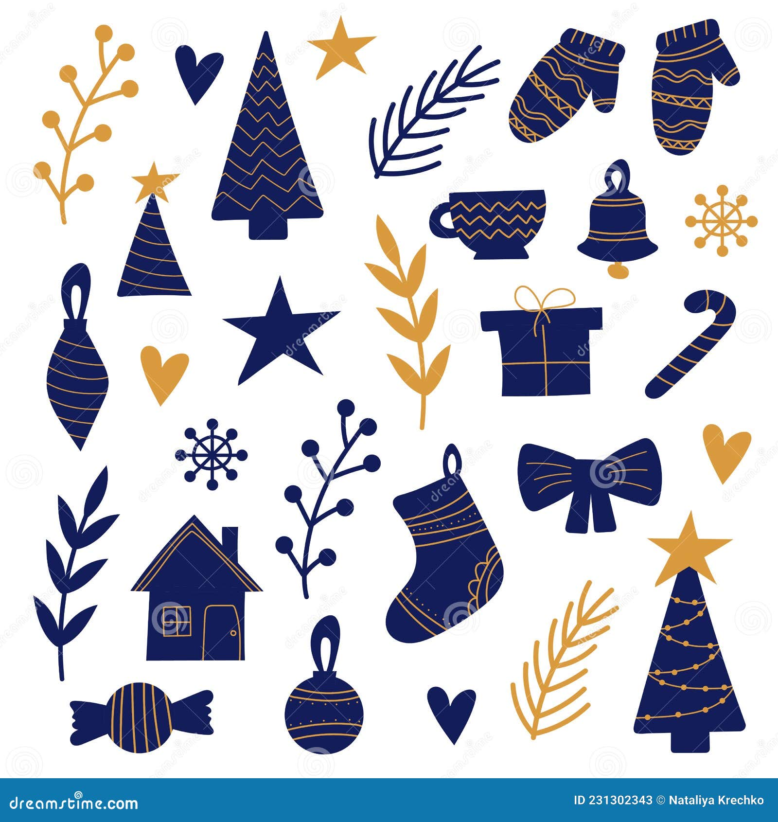 Hand Drawn Set of Christmas Elements in Blue and Gold on White Stock ...
