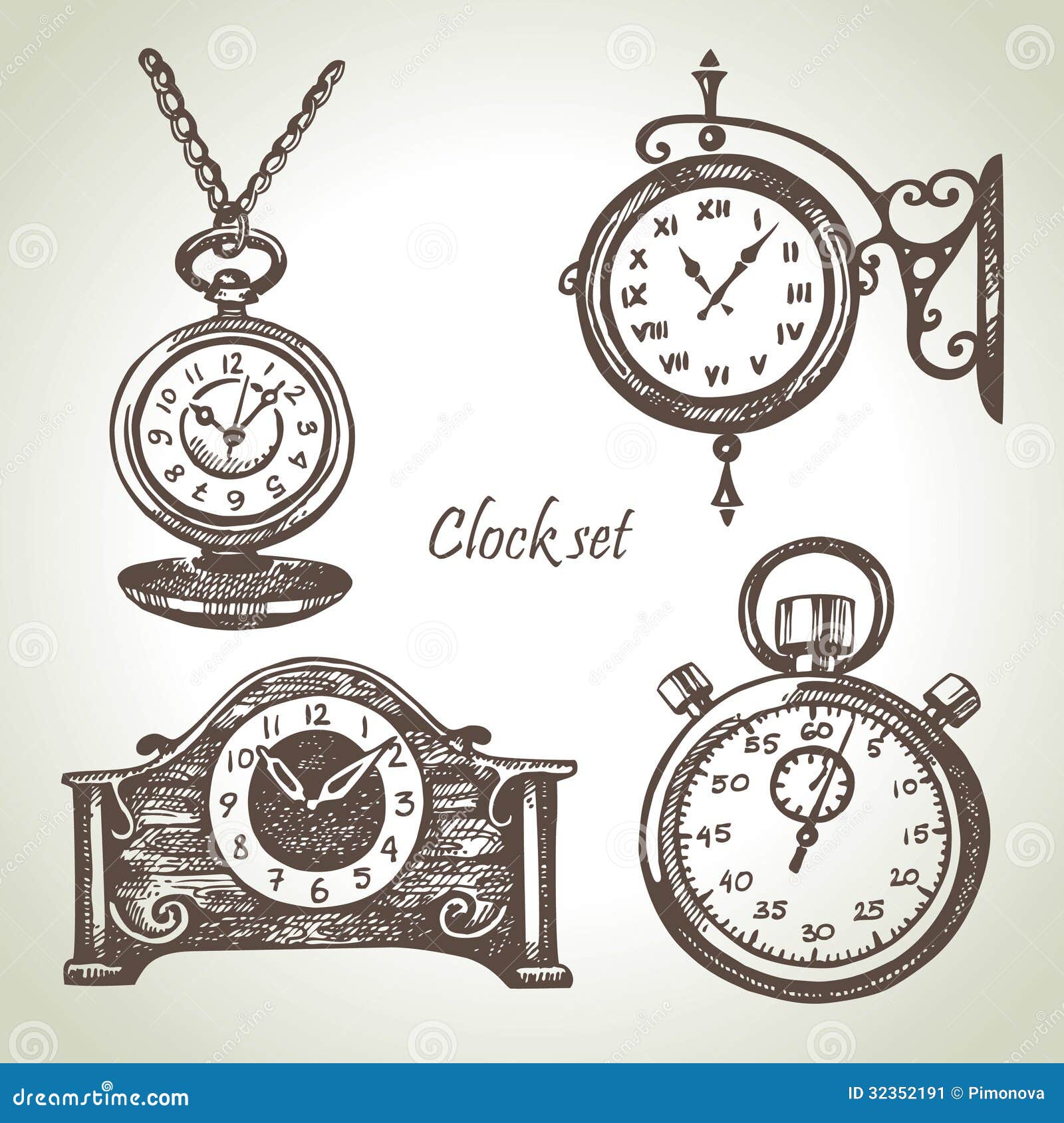 Hand Drawn Set of Clocks and Watches Stock Vector - Illustration of ...