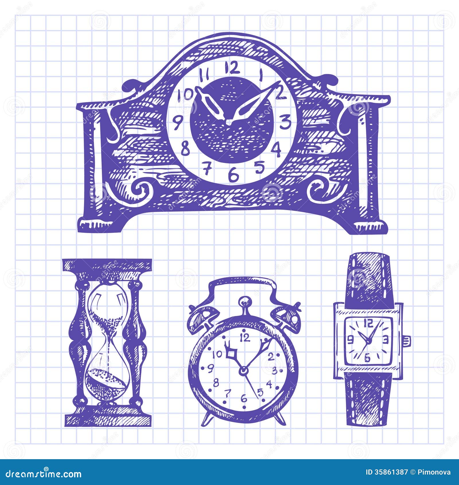 Hand Drawn Set of Clocks and Watches Stock Vector - Illustration of ...
