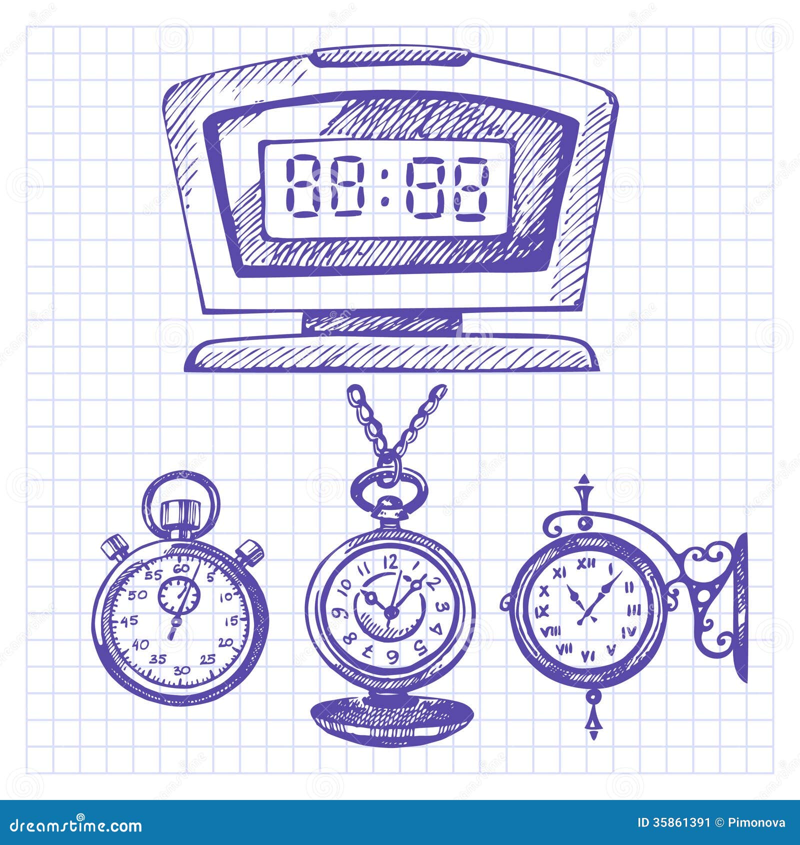 Hand Drawn Set of Clocks and Watches Stock Vector - Illustration of ...