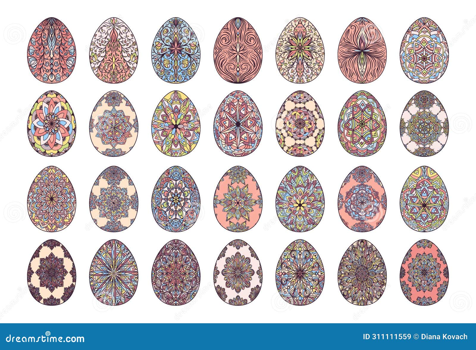Hand Drawn Set of Colorful Easter Eggs with Patterns, Curls, Flowers. Spring Happy Easter ...