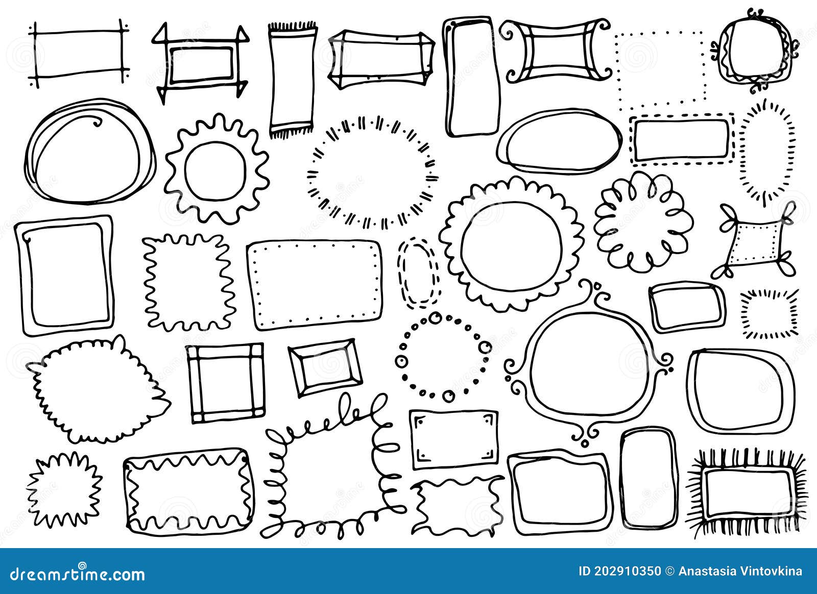Hand Drawn Set of Vector Cute Doodle Frames Isolated Black Outline on ...