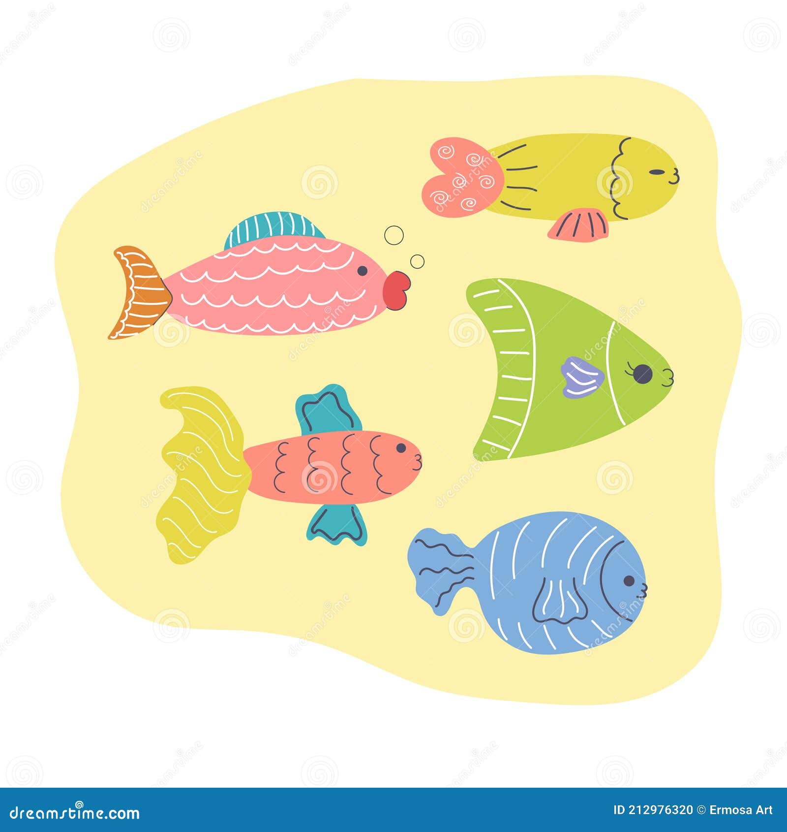 Hand Drawn Set of Cute Fish, Pisces. Stock Vector - Illustration of ...