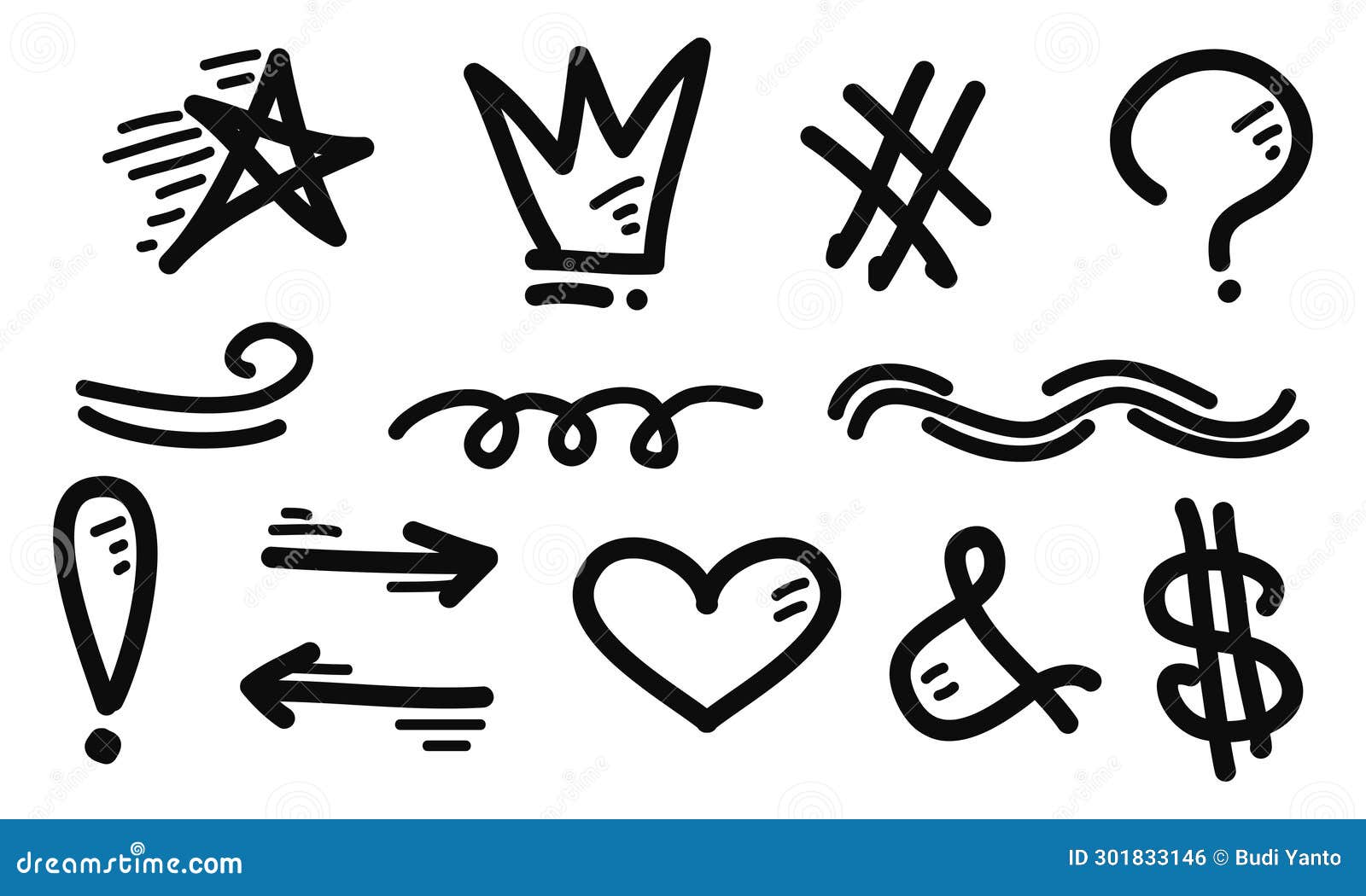 Hand Drawn Set Of Doodle Emphasis Elements. Star, Crown, Love, Arrow ...