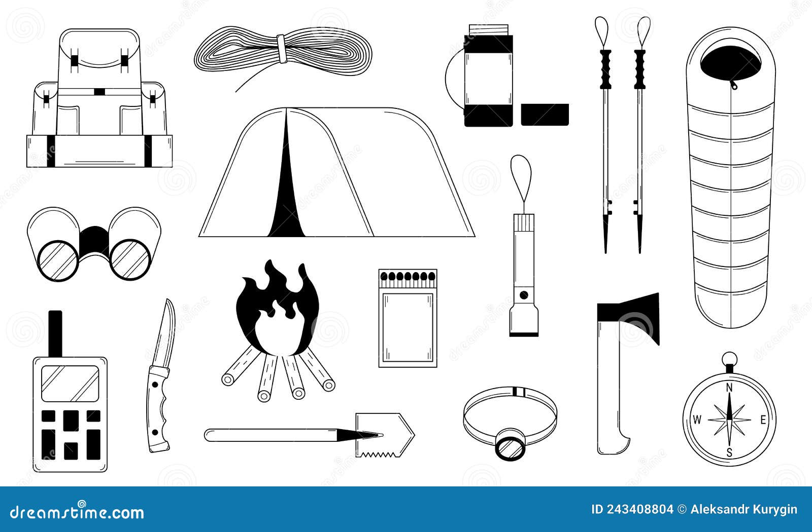 Hand Drawn Set of Equipment for Hiking and Tourism. Active Type of ... Hand Drawn Set of Equipment for Hiking and Tourism. Active Type of ...