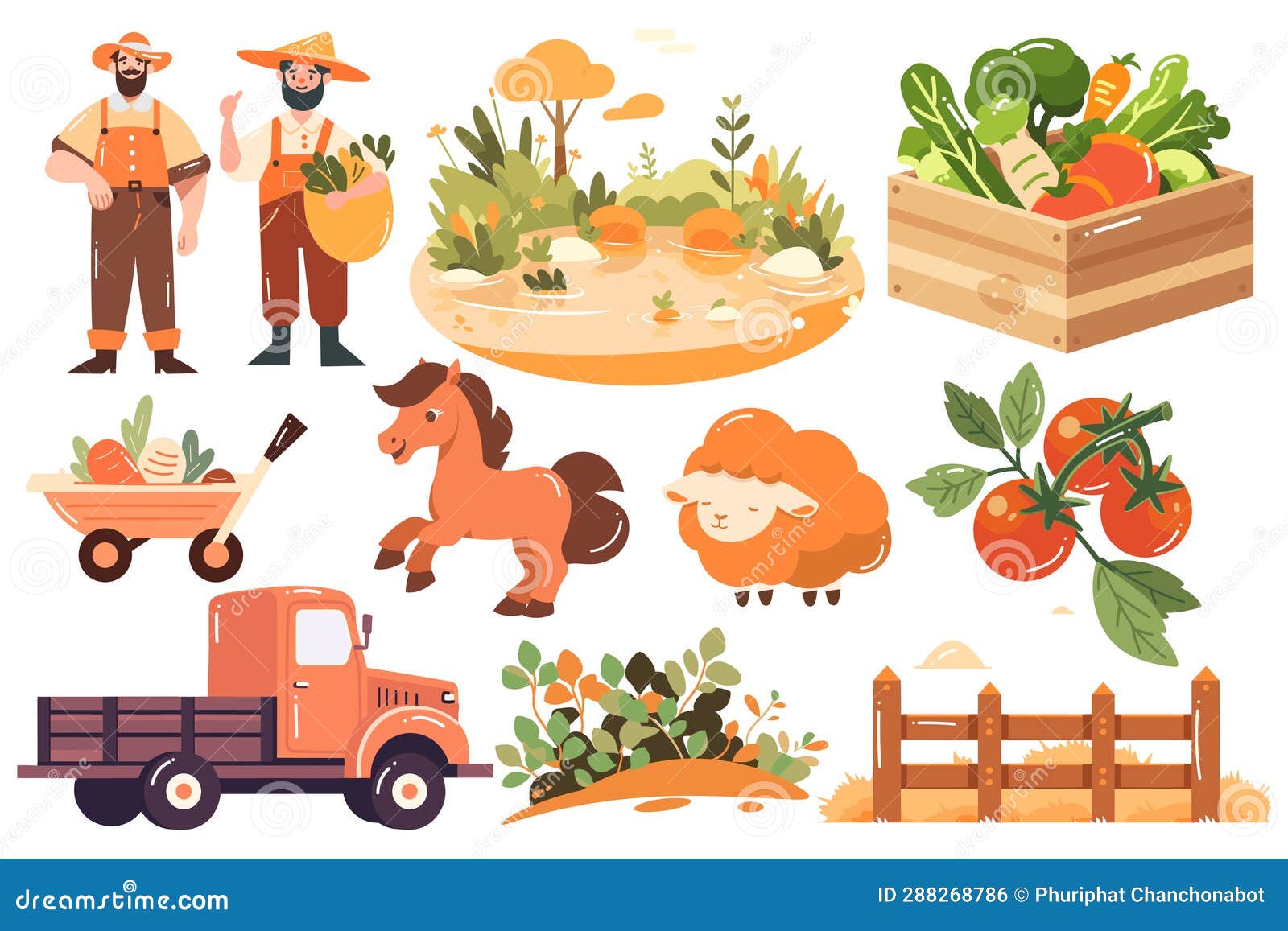 Hand Drawn Set of Farmer and Farm Objects in Flat Style Stock Vector ...