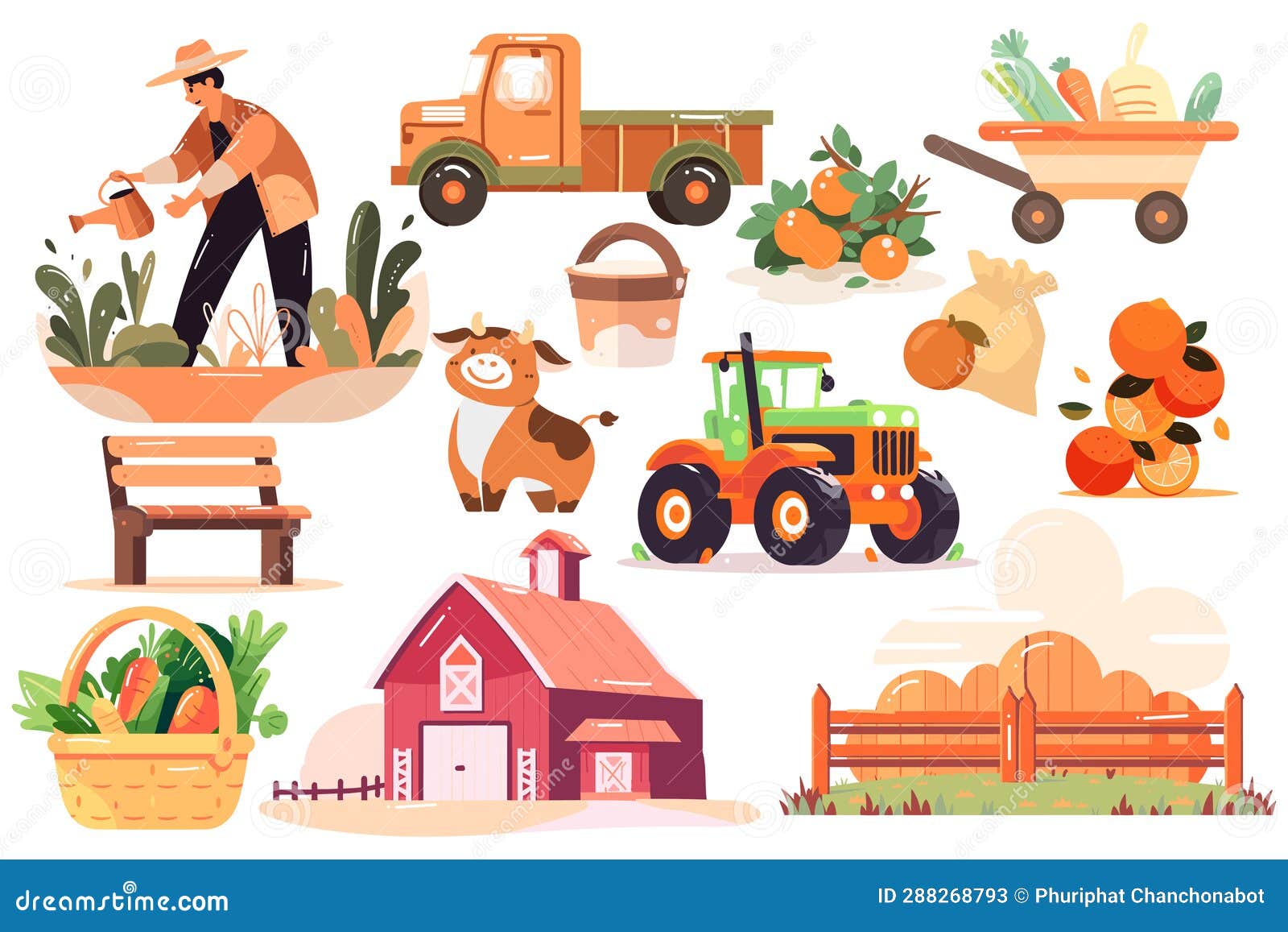 Hand Drawn Set of Farmer and Farm Objects in Flat Style Stock Vector ...