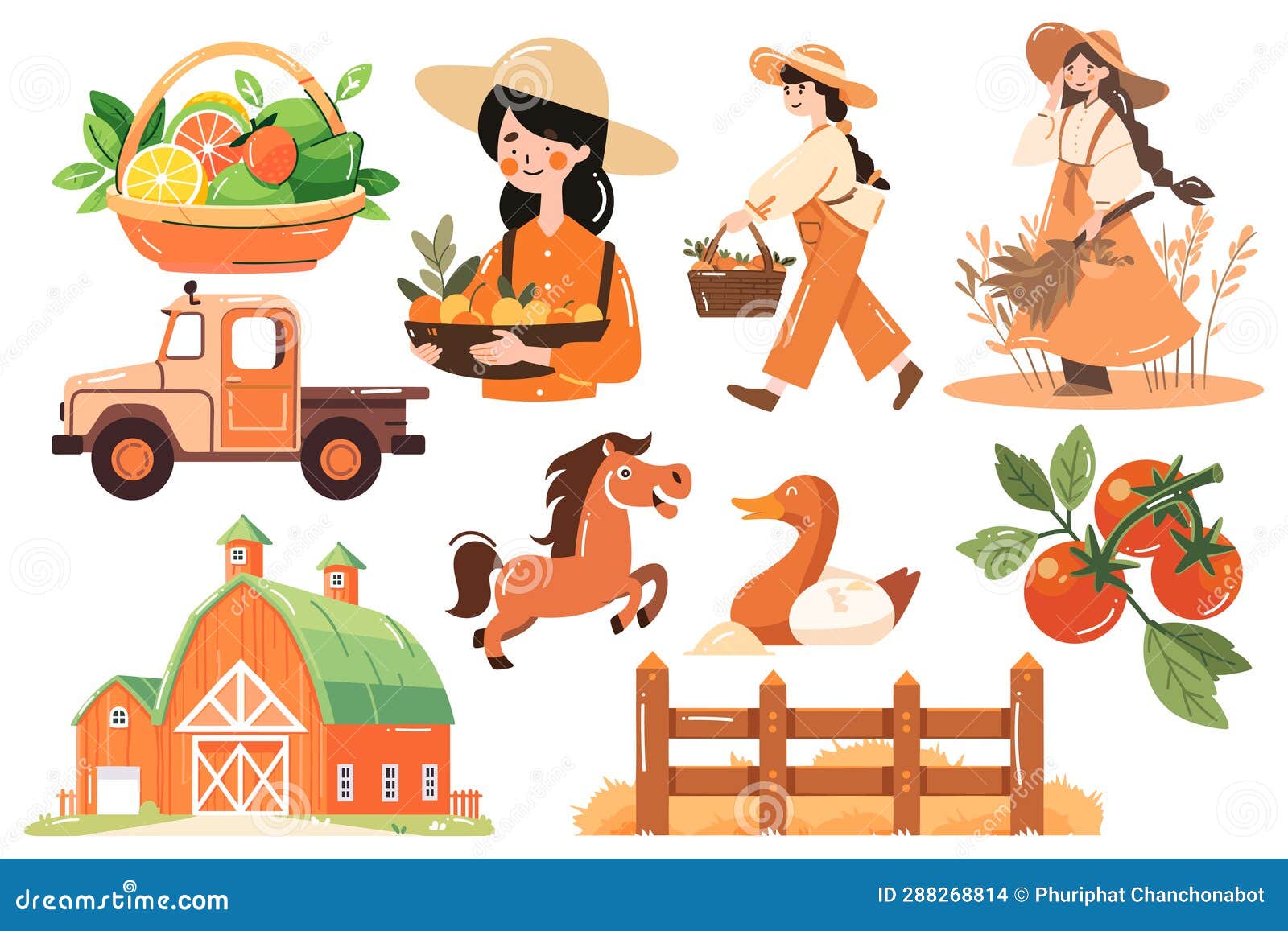 Hand Drawn Set of Farmer and Farm Objects in Flat Style Stock Vector ...