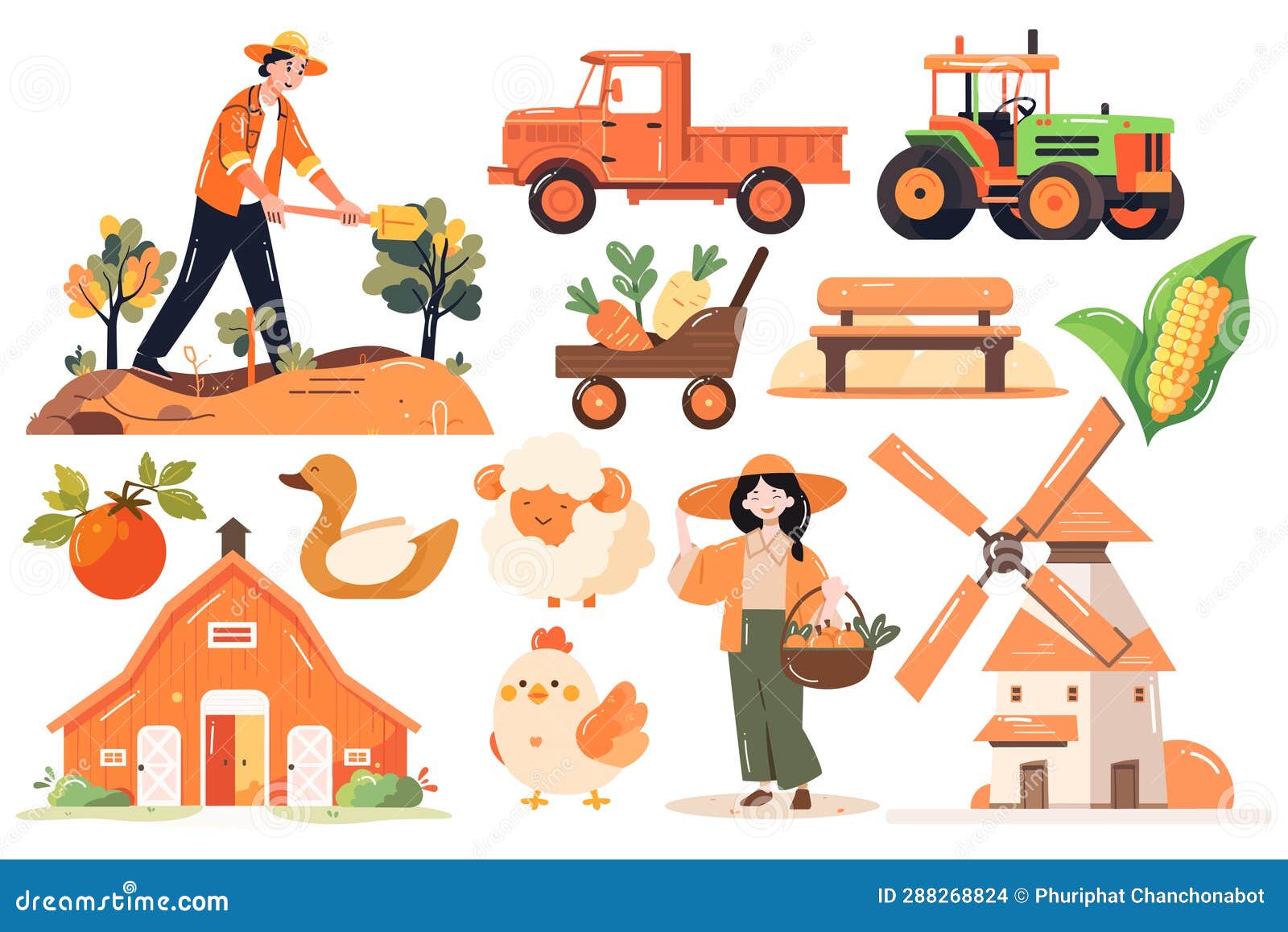 Hand Drawn Set of Farmer and Farm Objects in Flat Style Stock Vector ...