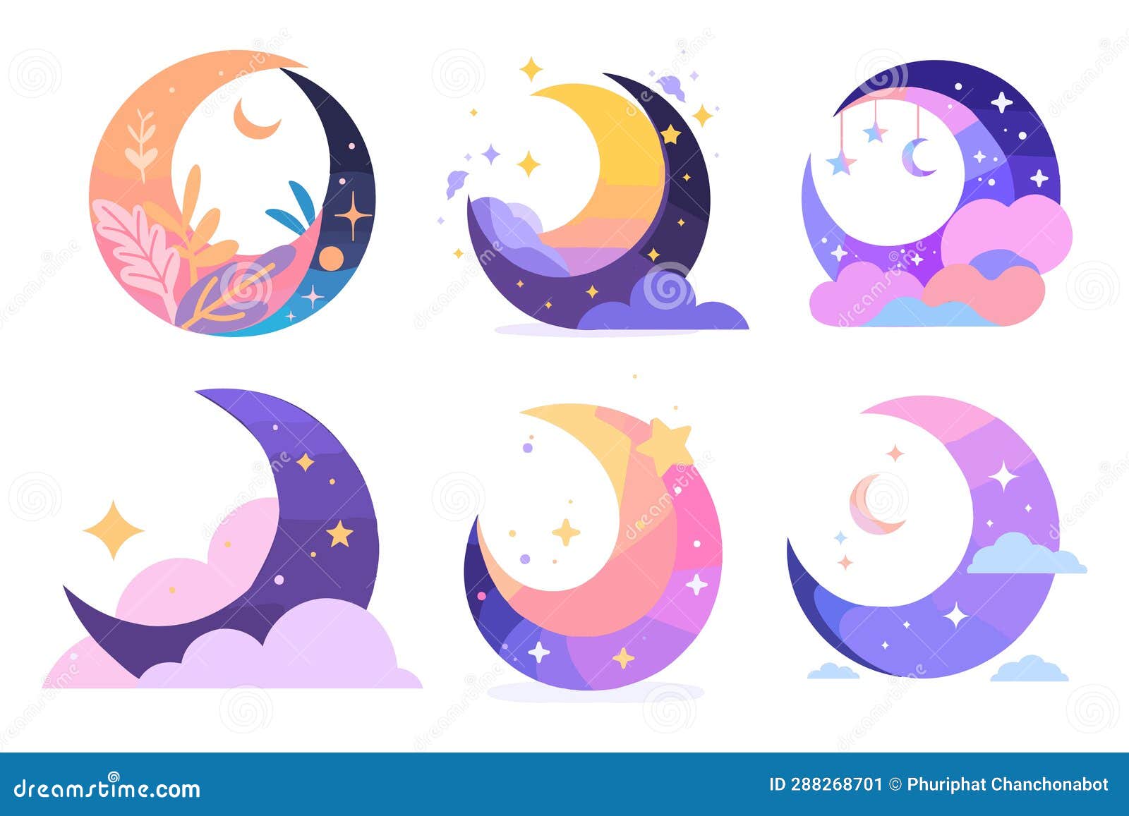 Hand Drawn Set of Half Moon with Clouds in Flat Style Stock Vector ...
