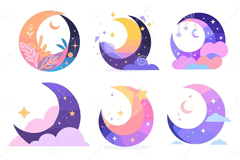 Hand Drawn Set of Half Moon with Clouds in Flat Style Stock Vector ...