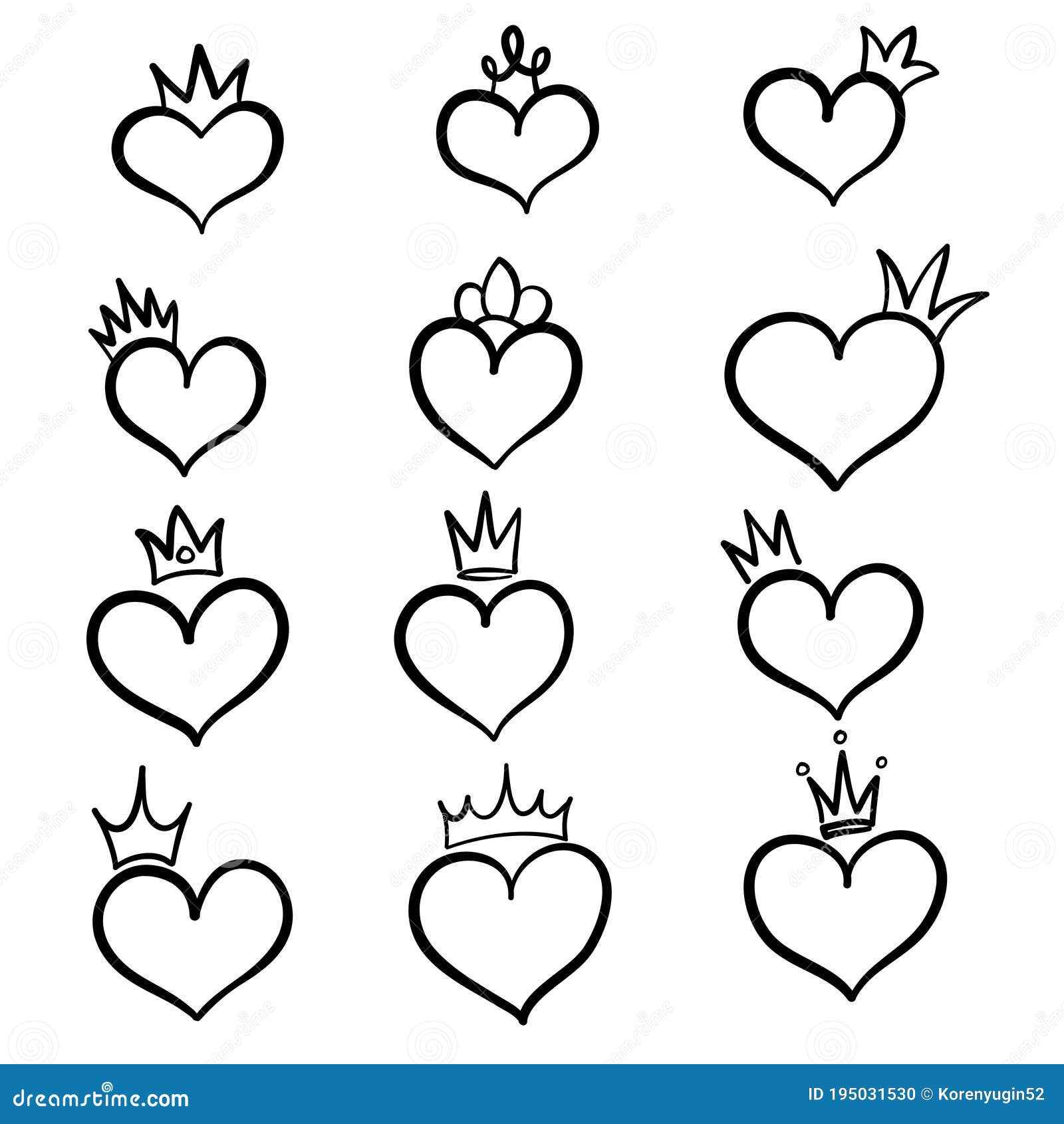 Hand Drawn Set of Heart with Crown for Design on White, Stock Vector ...
