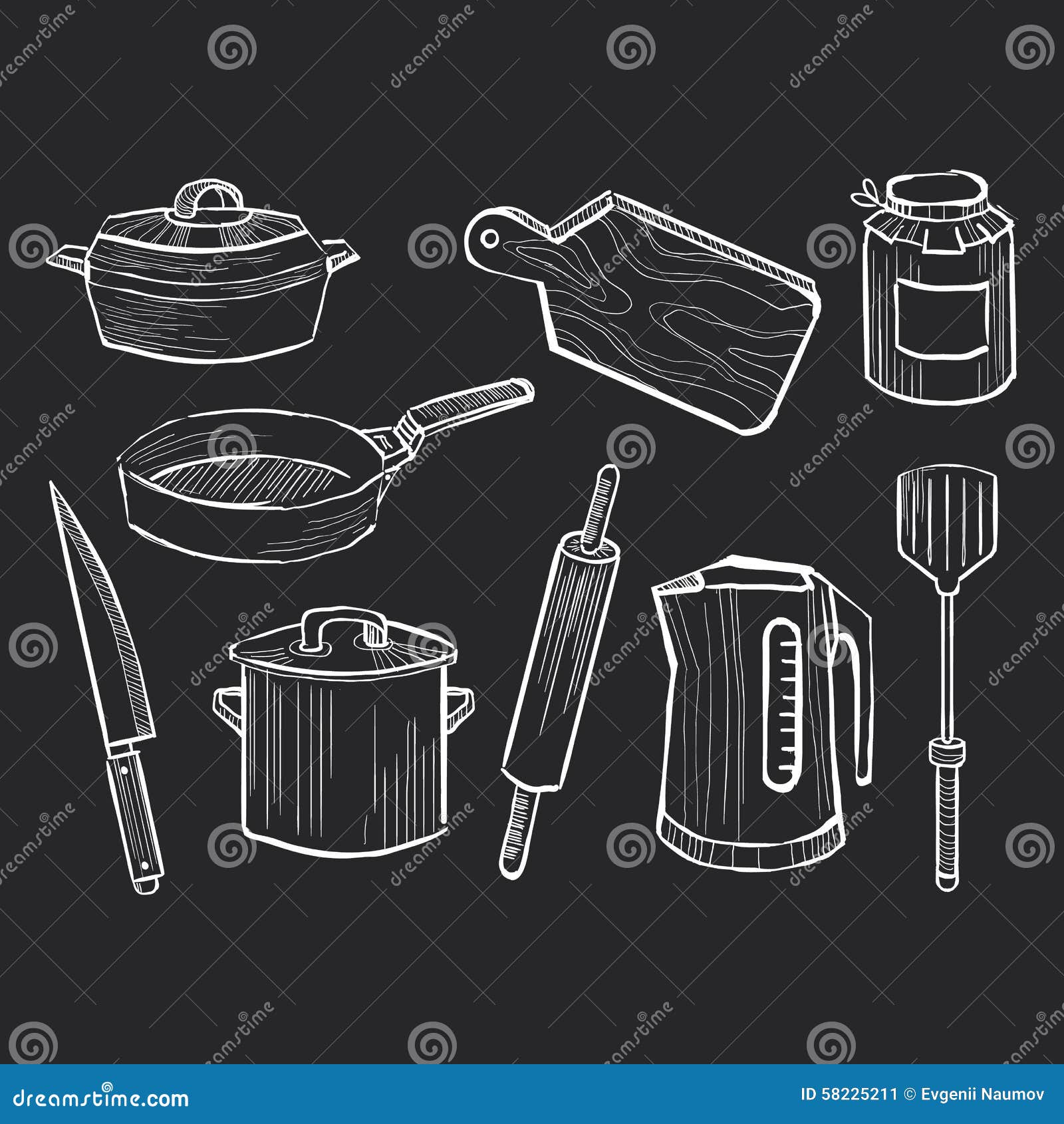 Hand Drawn Set of Kitchen Utensils on a Chalkboard Stock Vector ...