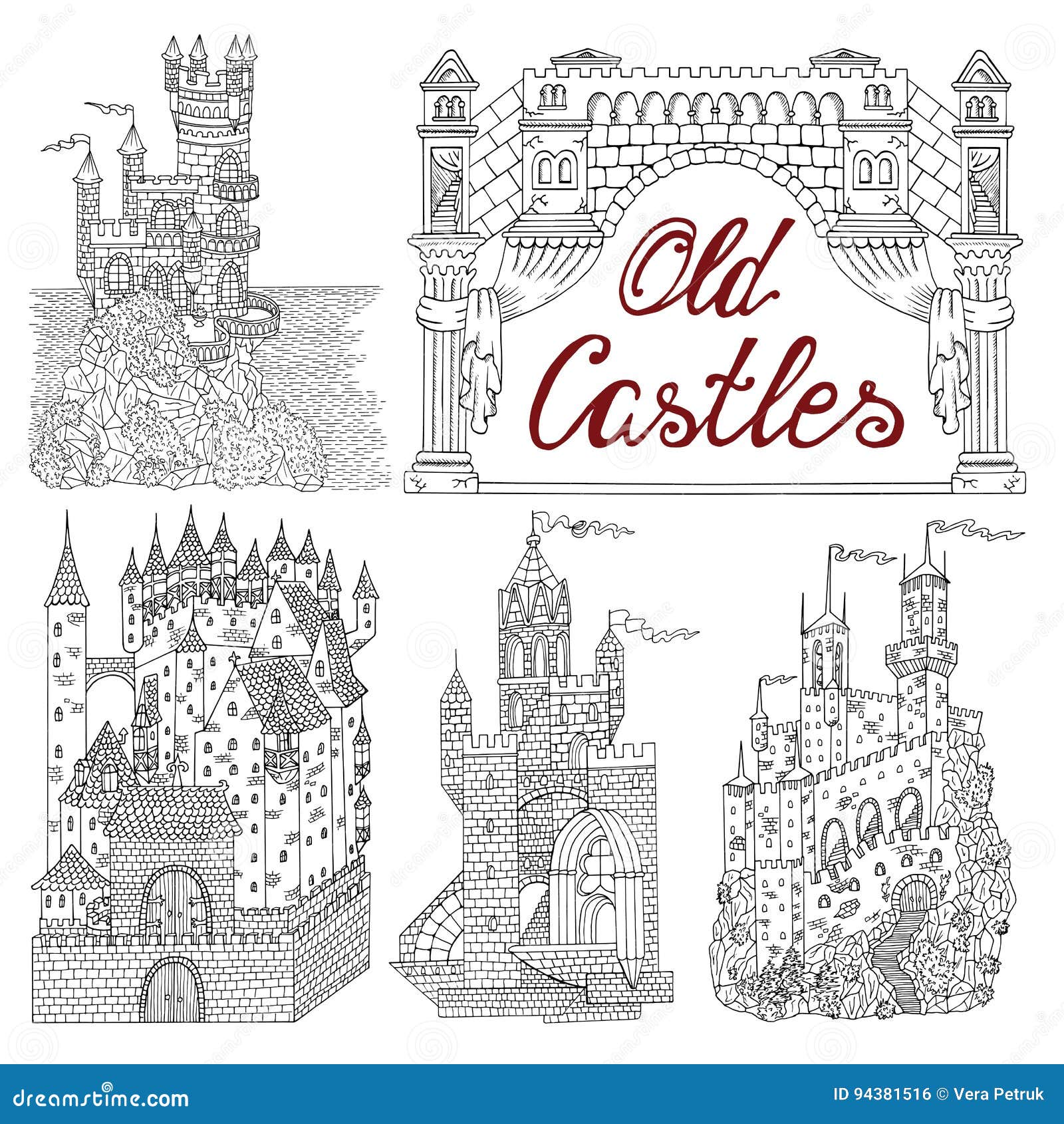 Hand Drawn Set with Old Castles and Banner Frame on White Stock Vector ...