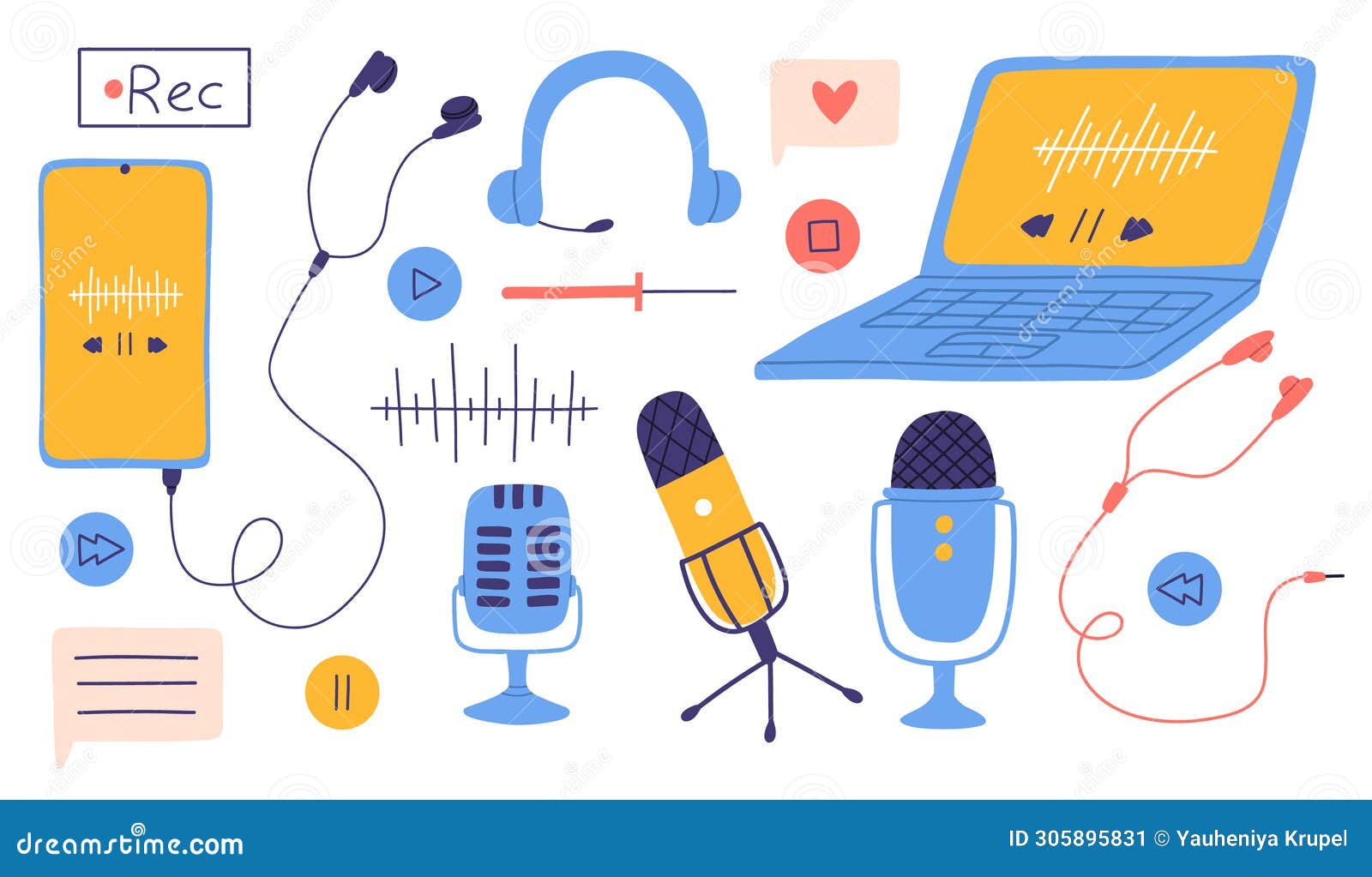 Hand Drawn Set of Podcast Elements. Collection of Headphones and ...