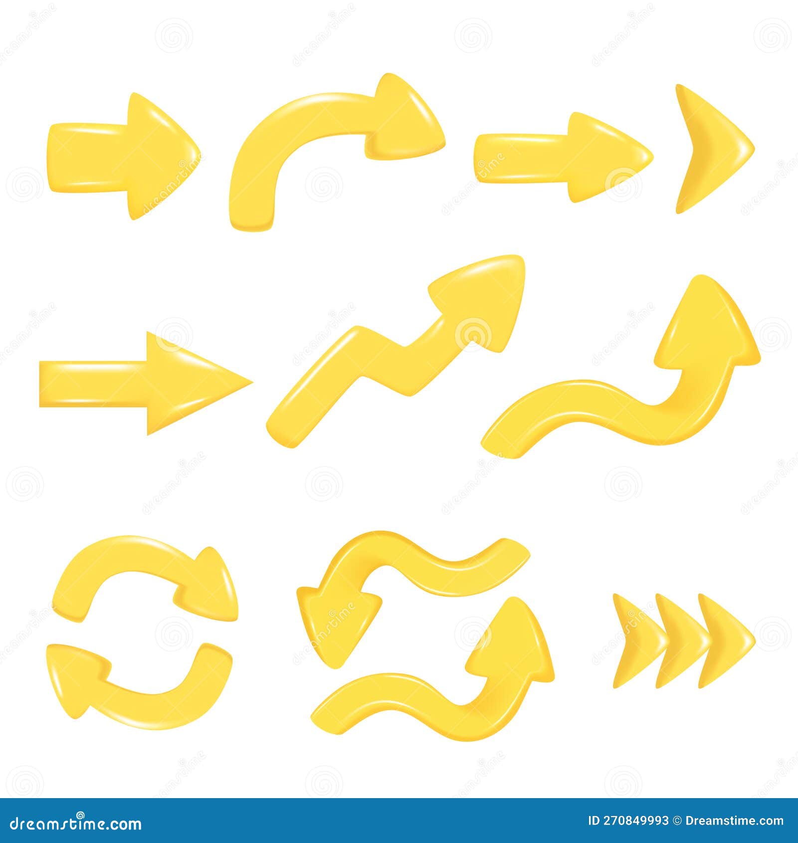 Hand Drawn Set of Realistic Yellow 3d Arrows. Different Shape of ...