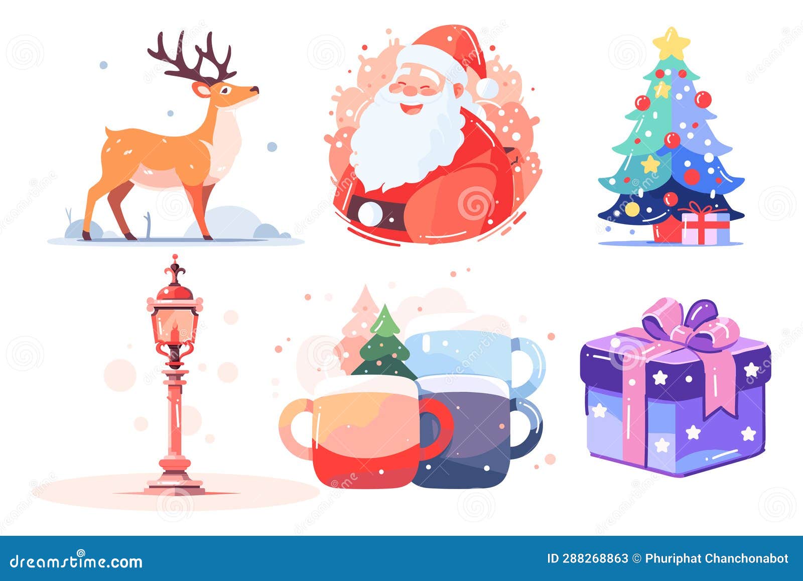 Hand Drawn Set of Santa Claus with Christmas Objects in Flat Style ...