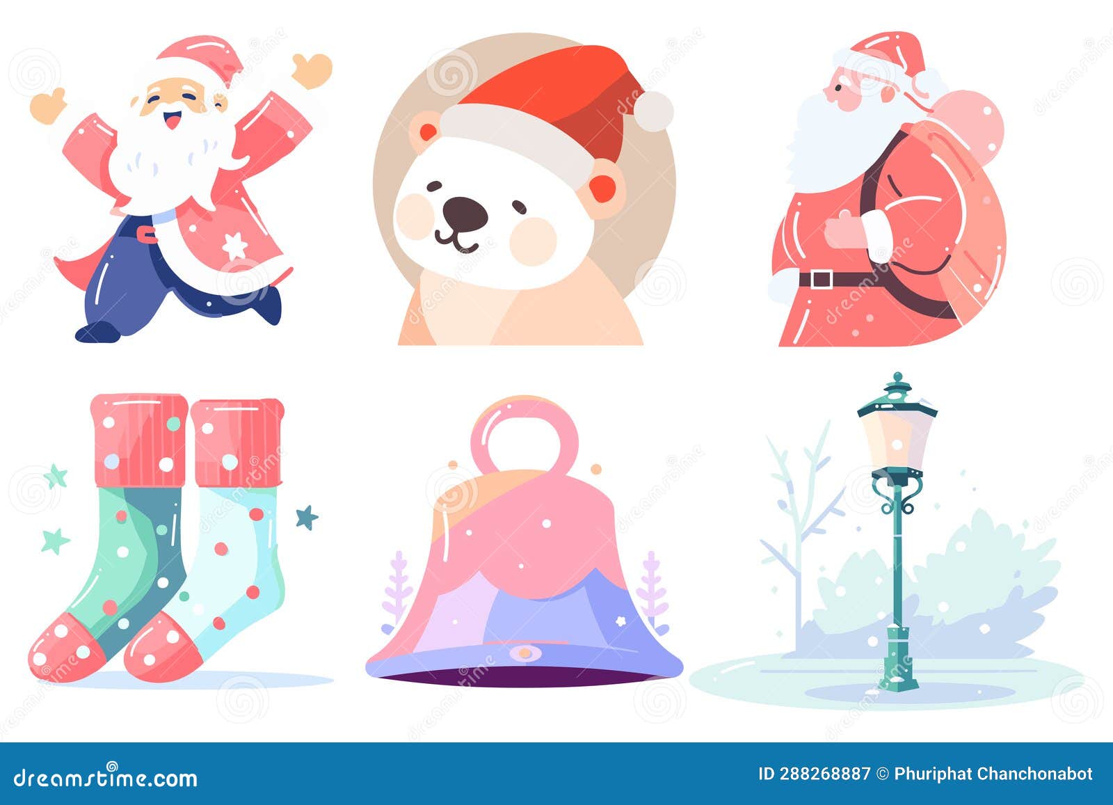 Hand Drawn Set of Santa Claus with Christmas Objects in Flat Style ...