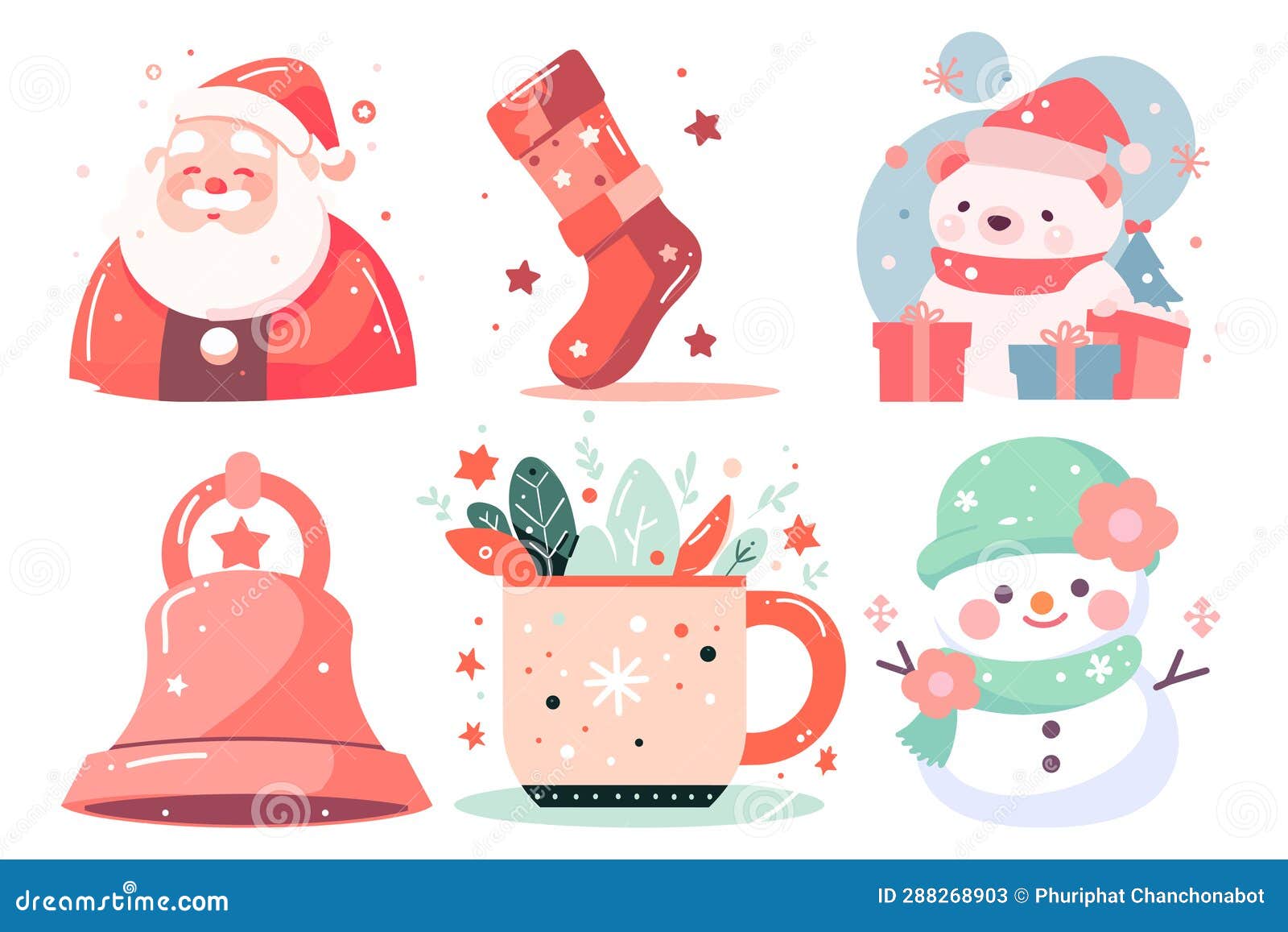 Hand Drawn Set of Santa Claus with Christmas Objects in Flat Style ...
