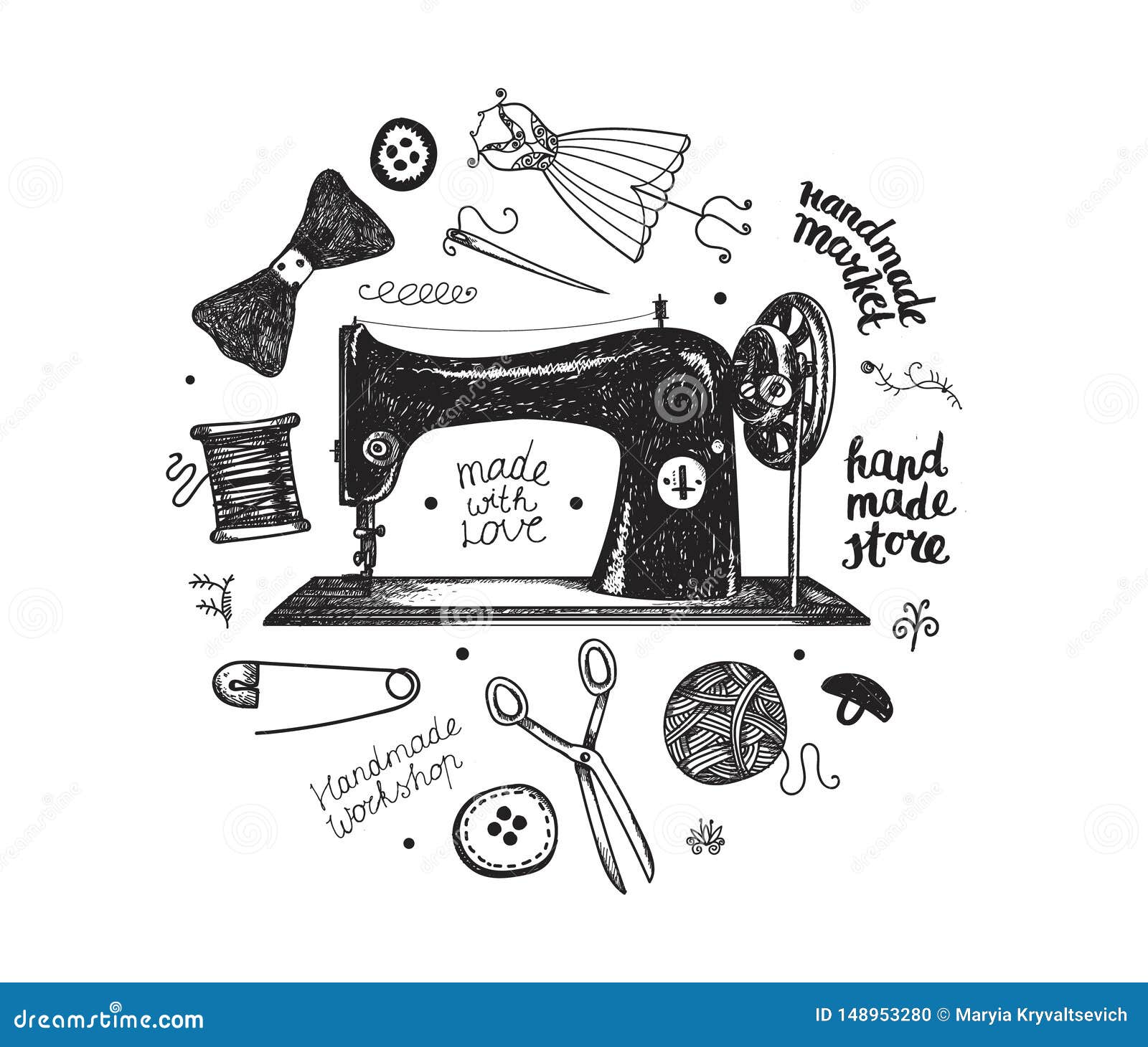 Hand Drawn Set with Sewing and Knitting Tools and Accessories Threads ...