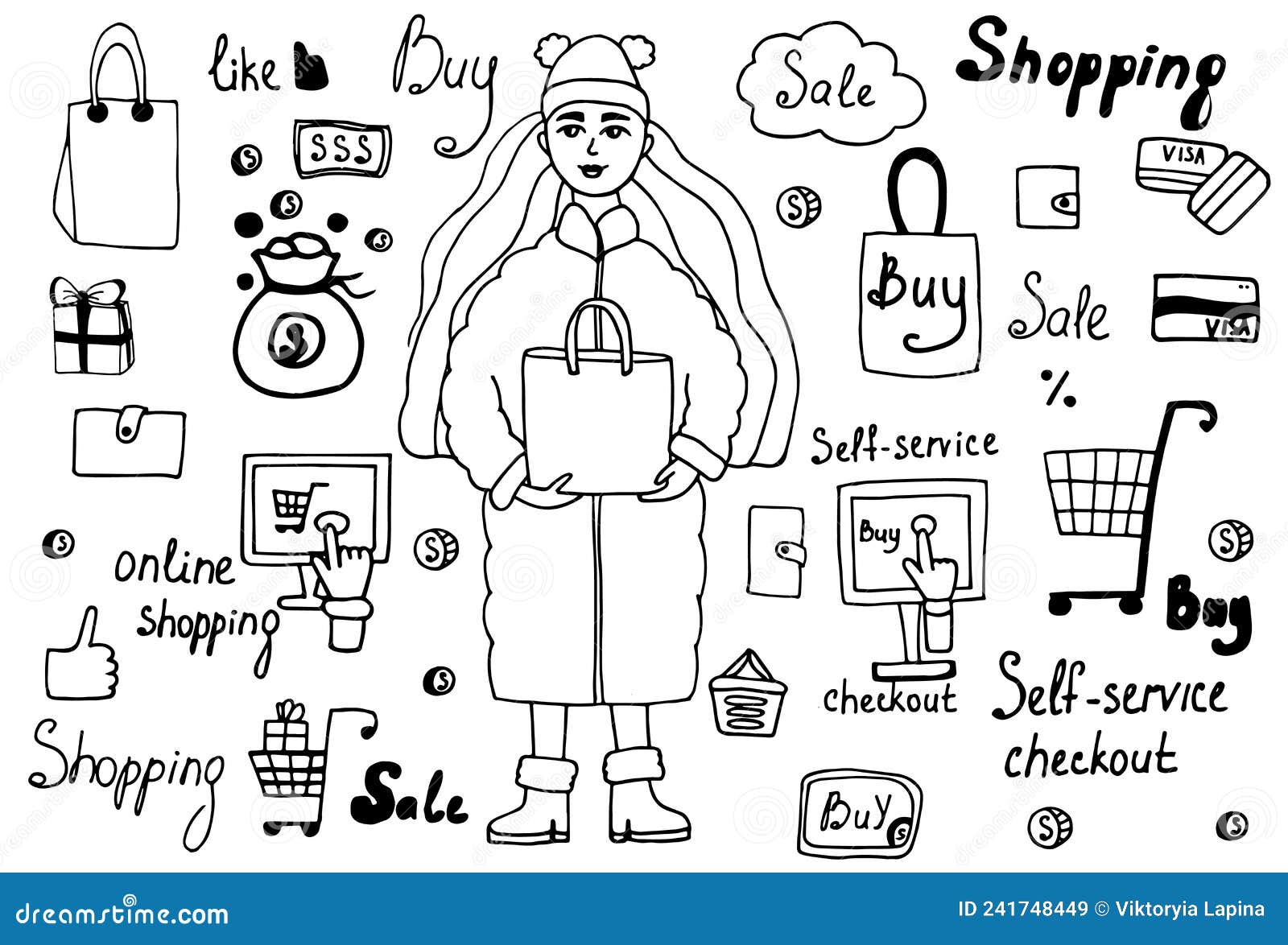 Hand Drawn Set of Shopping Doodles with Lettering in Vector Stock ...