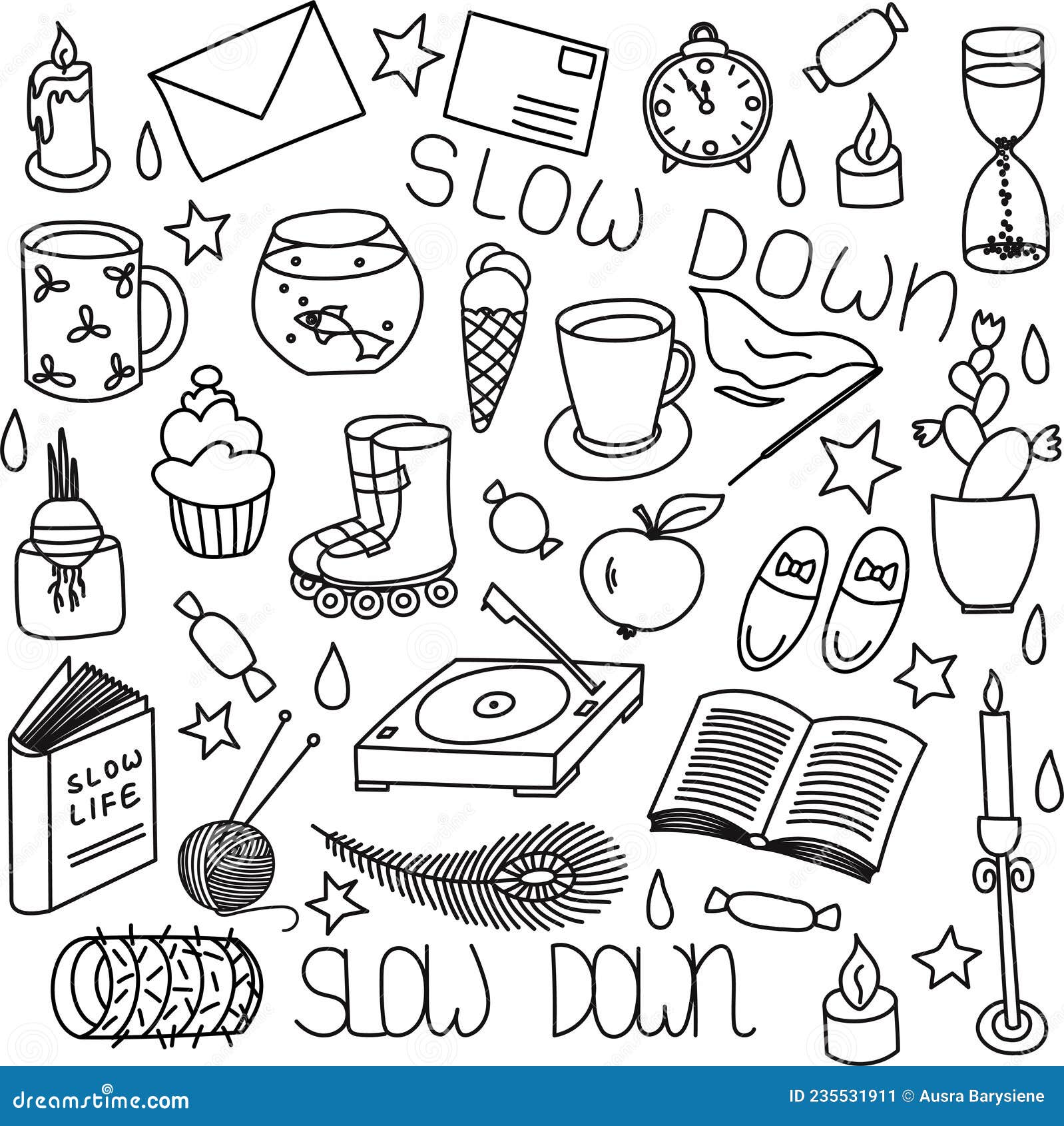 Hand Drawn Set of Slow Life Doodle Elements, Slow Down Symbols. Stock ...