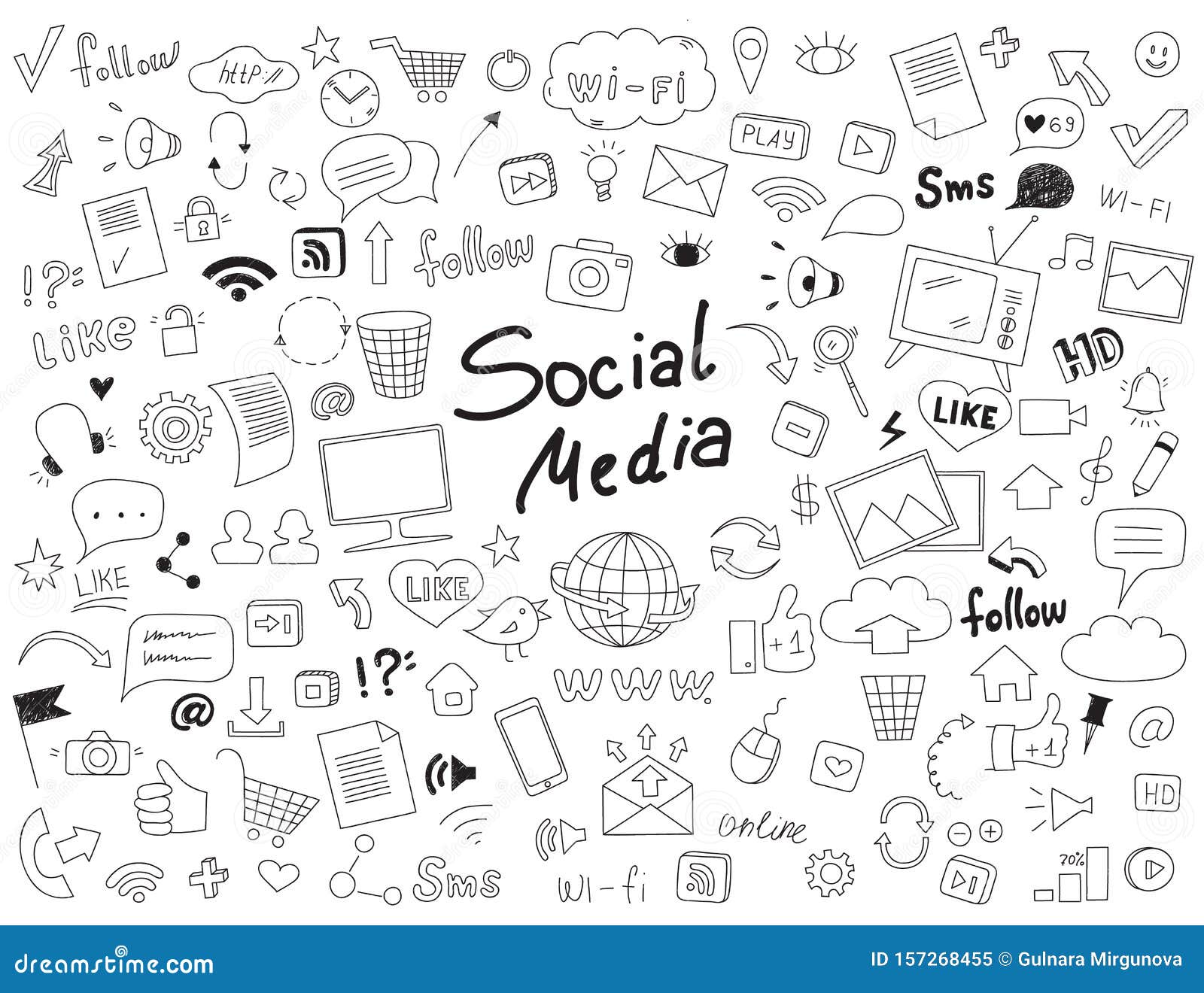 Hand Drawn Set of Social Media Elements. Editorial Image - Illustration ...