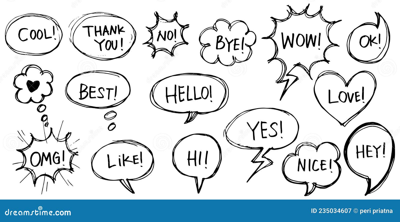 Hand Drawn Set of Speech Bubbles with Dialog Words Isolated. Vector ...