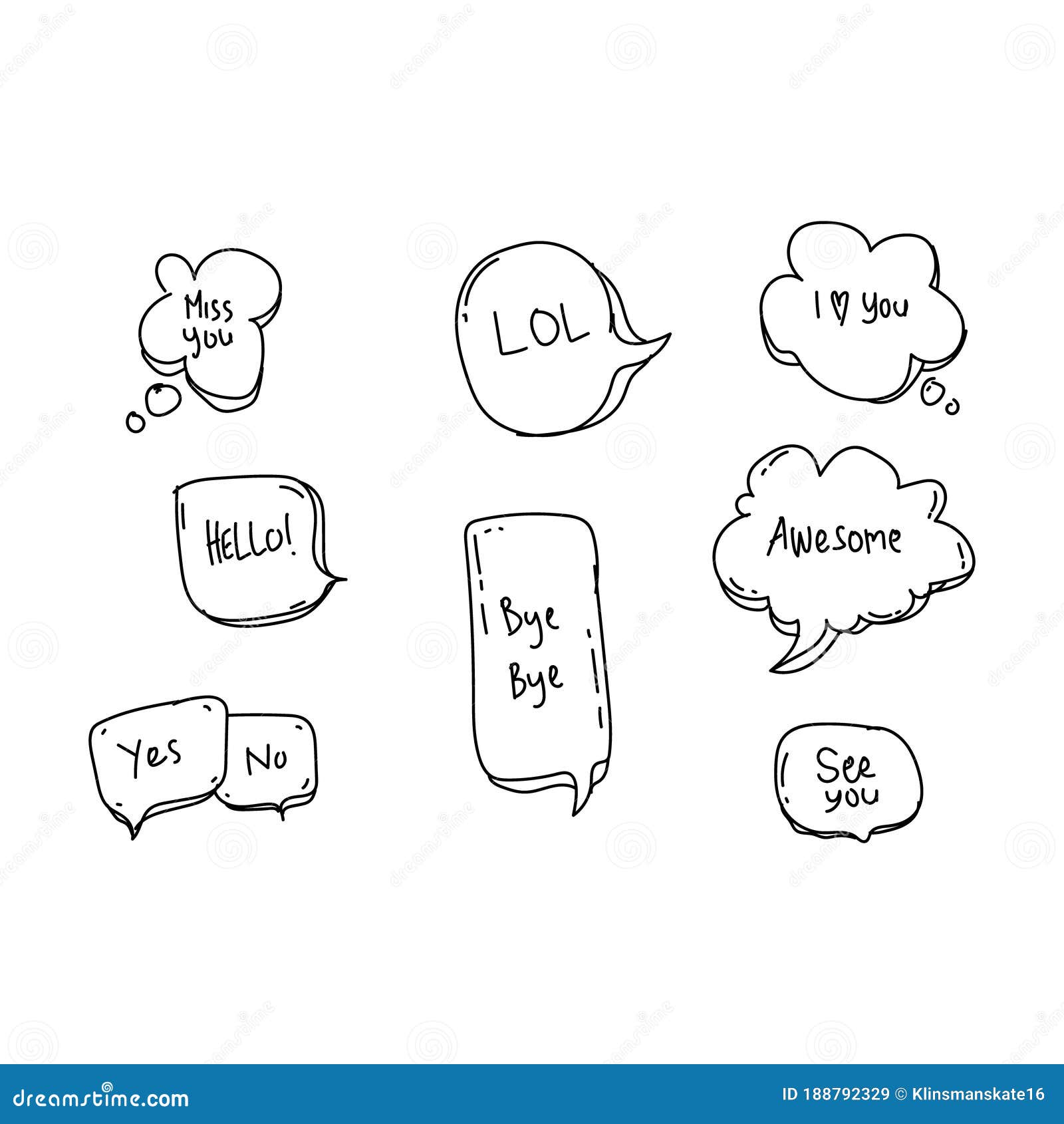 Hand Drawn Set of Speech with Word Line Art Doodle Design Stock ...