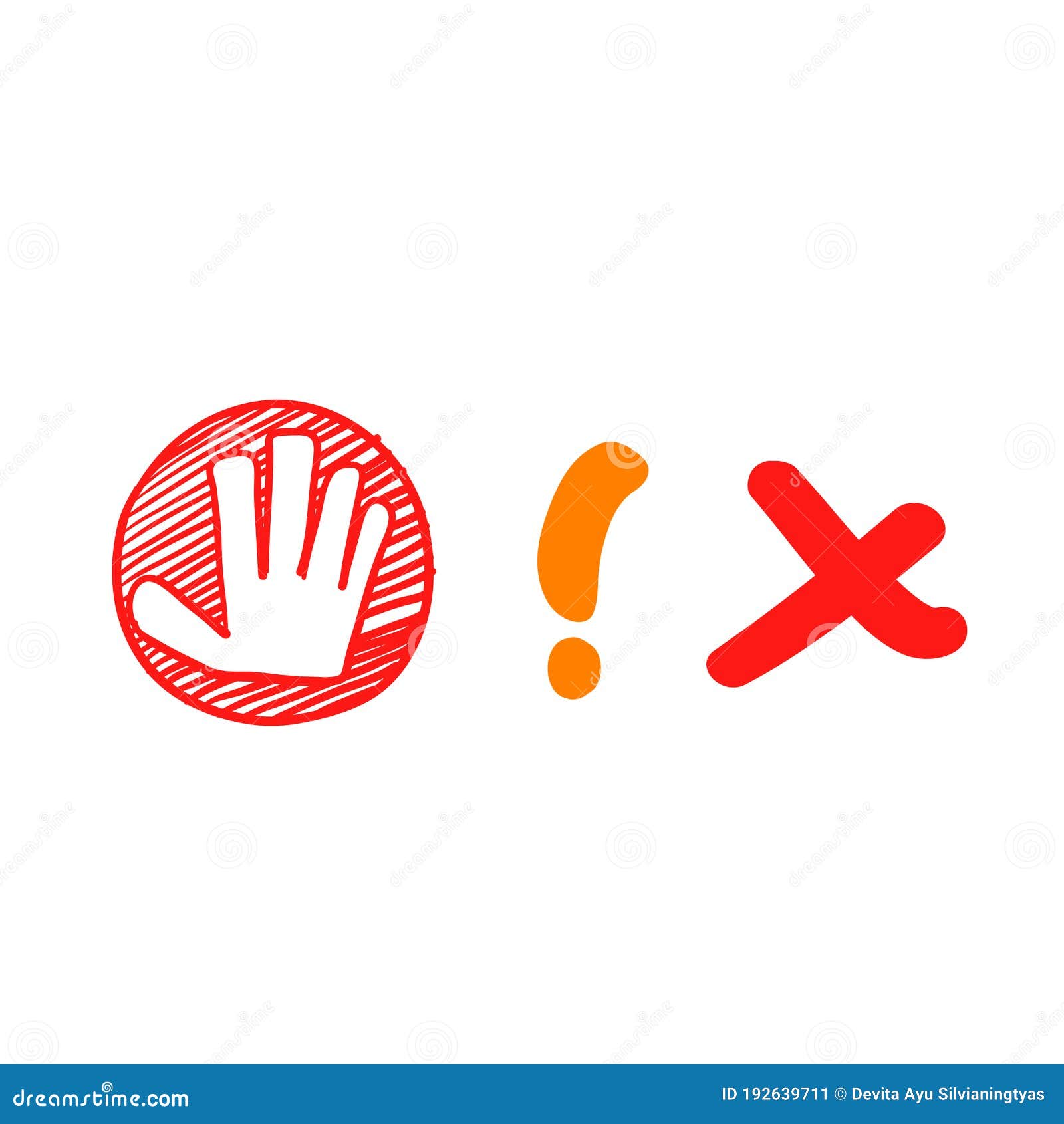 Hand Drawn Set Stop Sign Icon with Hand, Exclamation Marc and Cross ...
